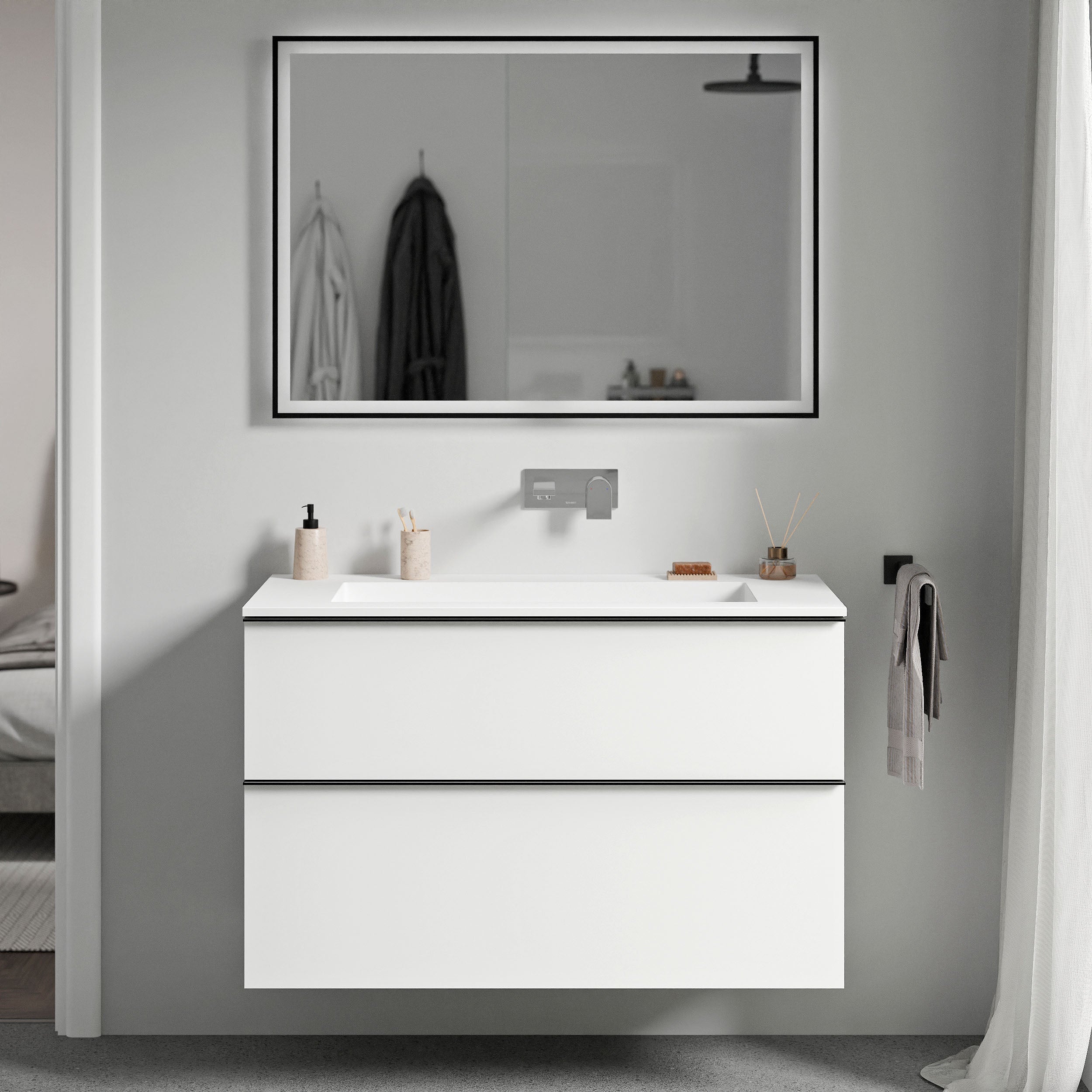 BERNSTEIN - Mueble lavabo suspendido MDF blanco mate, lavabo fundición blanco mate sin orificio ...
