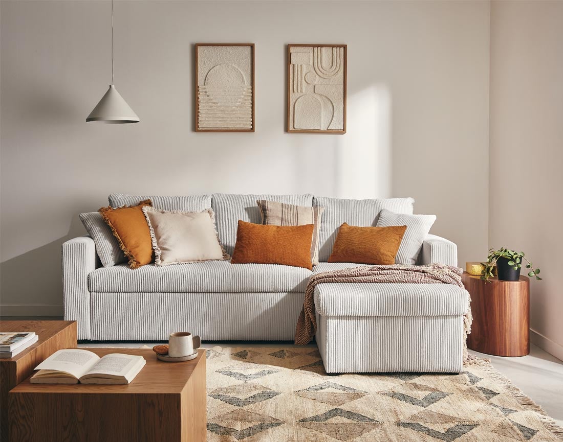 Canapé d'angle convertible 4 places en velours côtelé gris clair ...