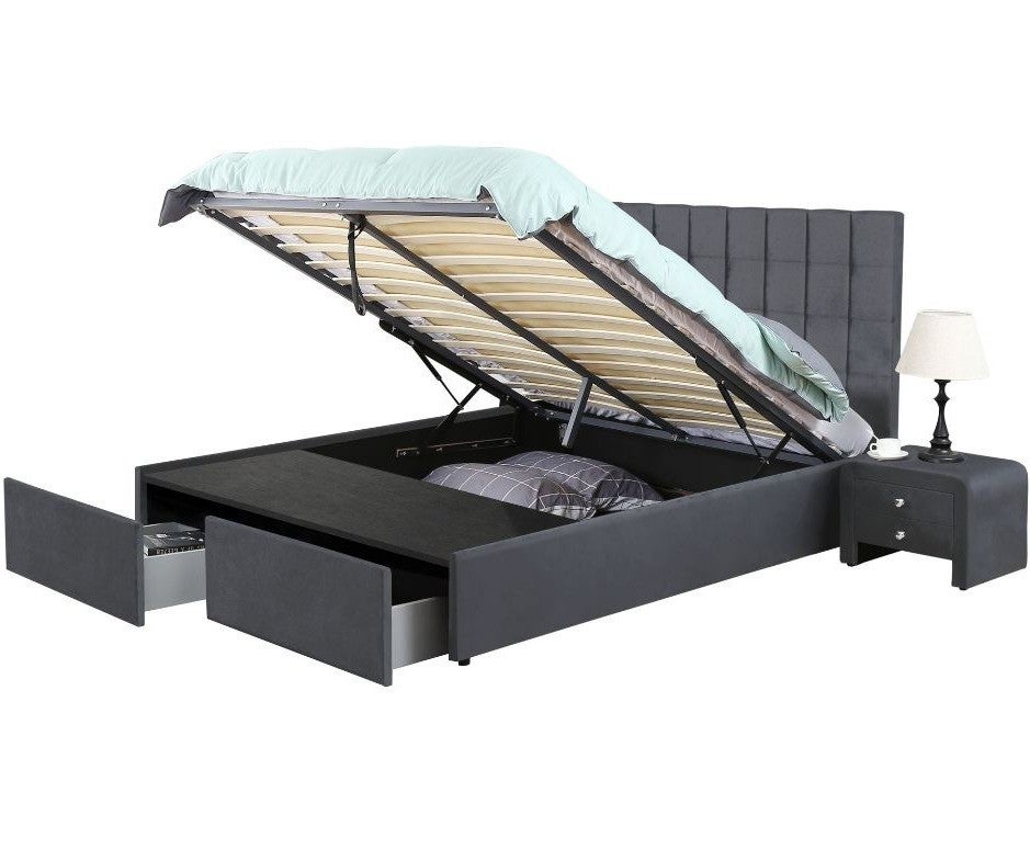 Lit coffre velours gris 2 tiroirs Krazo 140x190 cm | Leroy Merlin