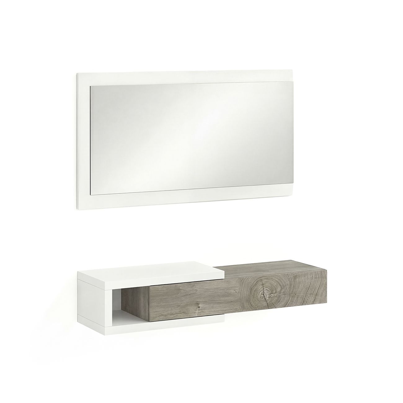 Mueble recibidor con 1 cajón y espejo en blanco mate y roble alaska 75 ...