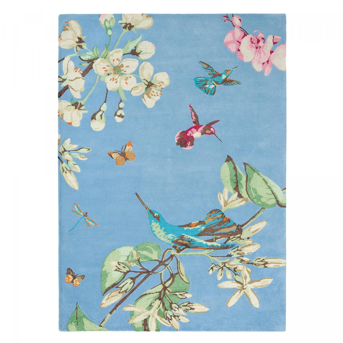 Alfombra de salón HUMMINGBIRD 170x240 copetudo a mano de lana azul ...