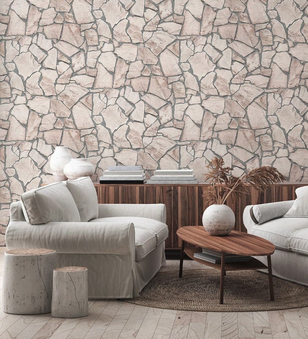 Papier peint vinyle lavable mur de pierre relief style rustique moderne ...