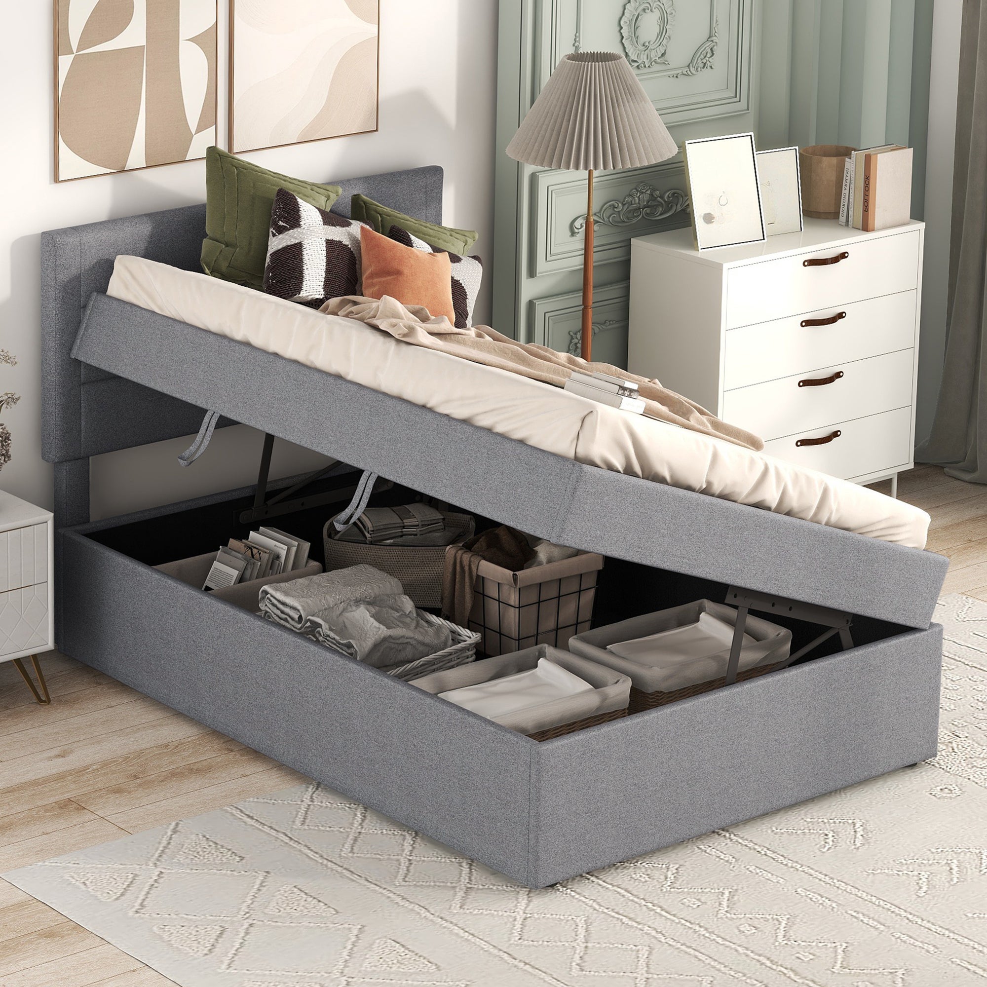 Lit boxspring 90 x 200 cm avec tête de lit et sommier - tissu lin ...