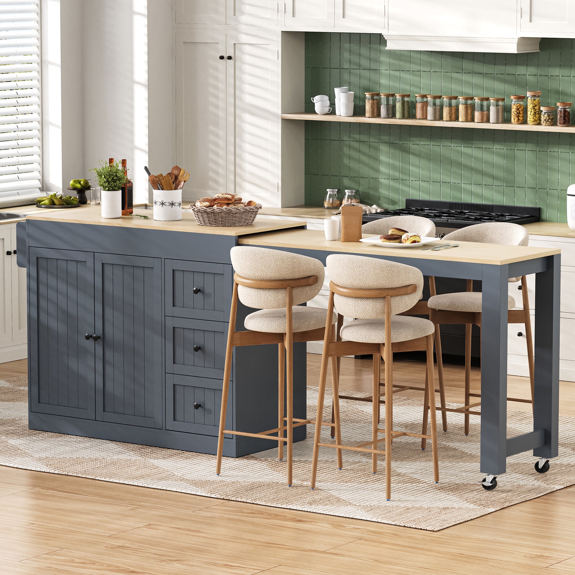 Isla de cocina - Encimera extensible con ruedas y cajones - MDF - Gris ...