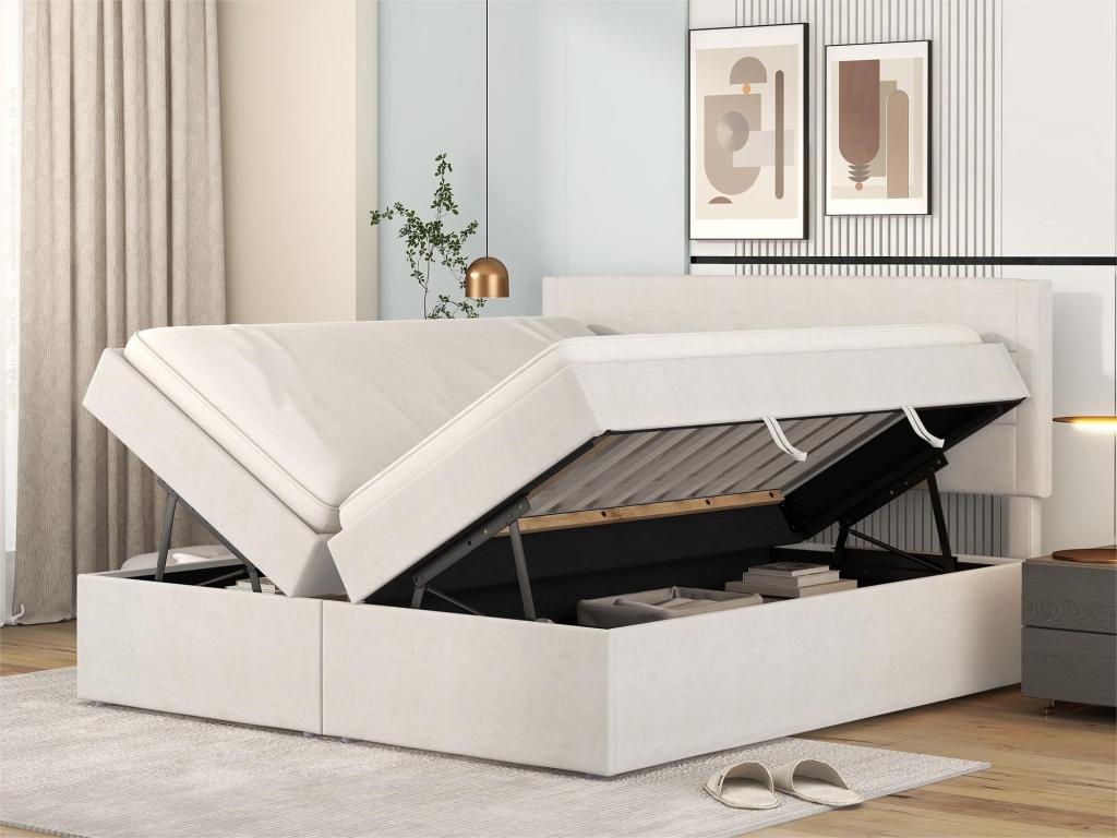 Lit coffre avec sommier à lattes - 140x200 cm - tissue en lin - Beige ...