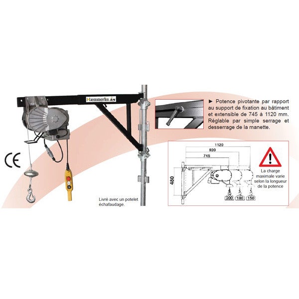 Haermmerlin - Treuil à potence extensible 750W Ch: 200Kg télécommande ...