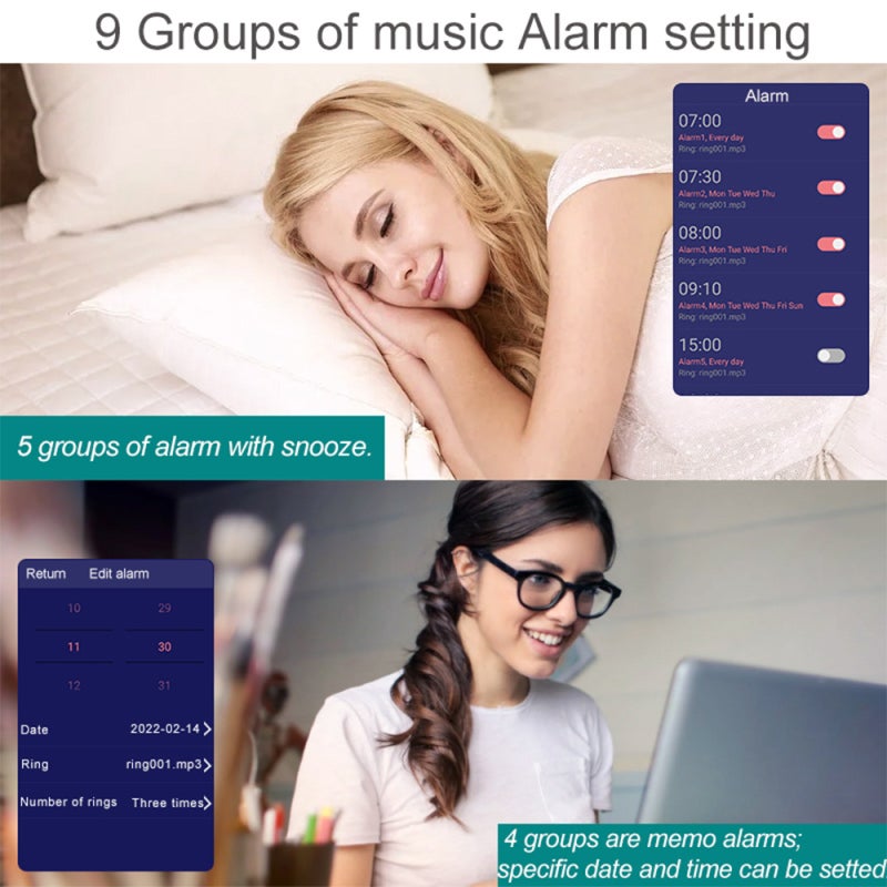 Réveil chambre 5 alarmes, affichage LED miroir, snooze, compte à ...