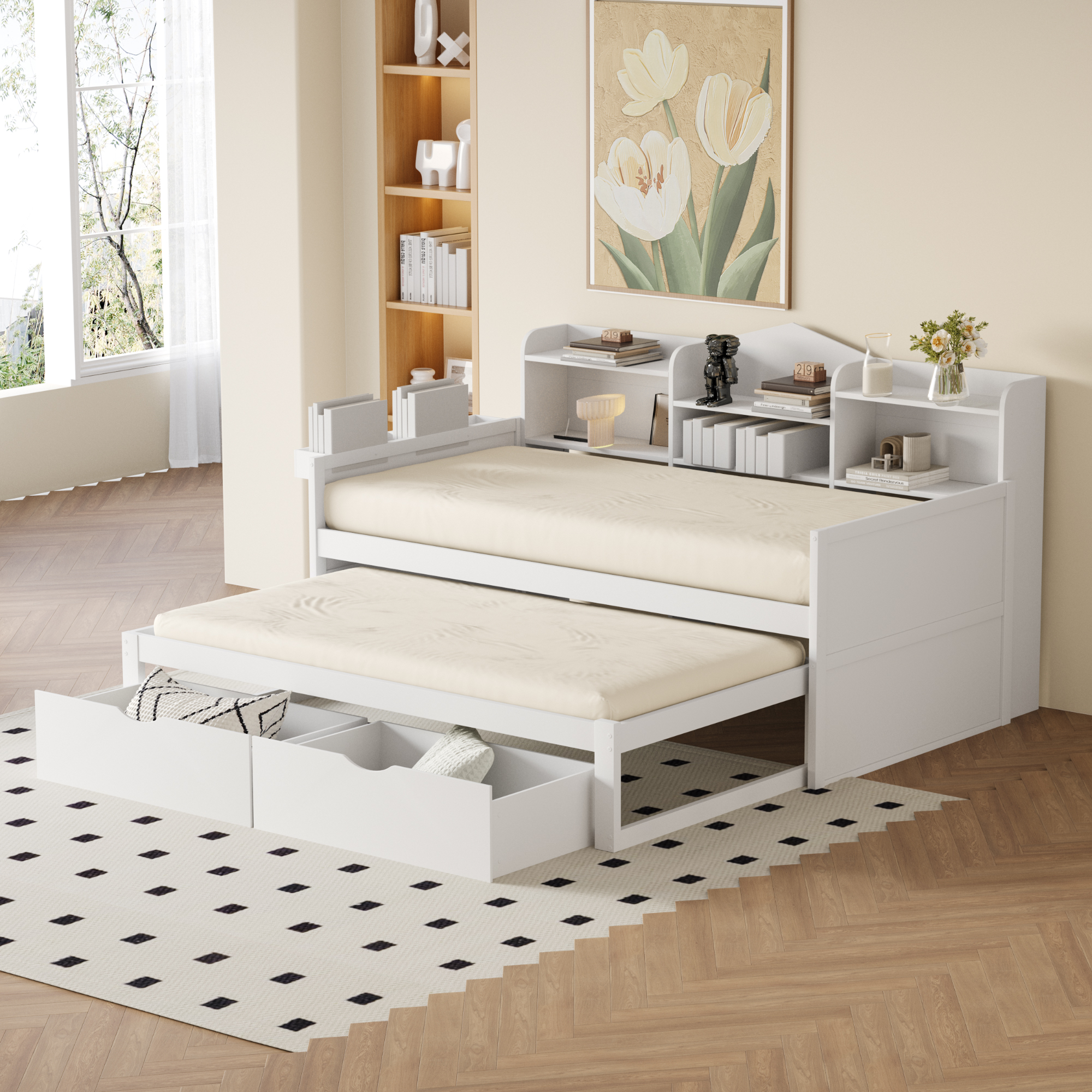 Lit gigogne 90 x 200 cm + 90 x 190 cm avec 2 tiroirs, prise USB et compartiment de rangements ...