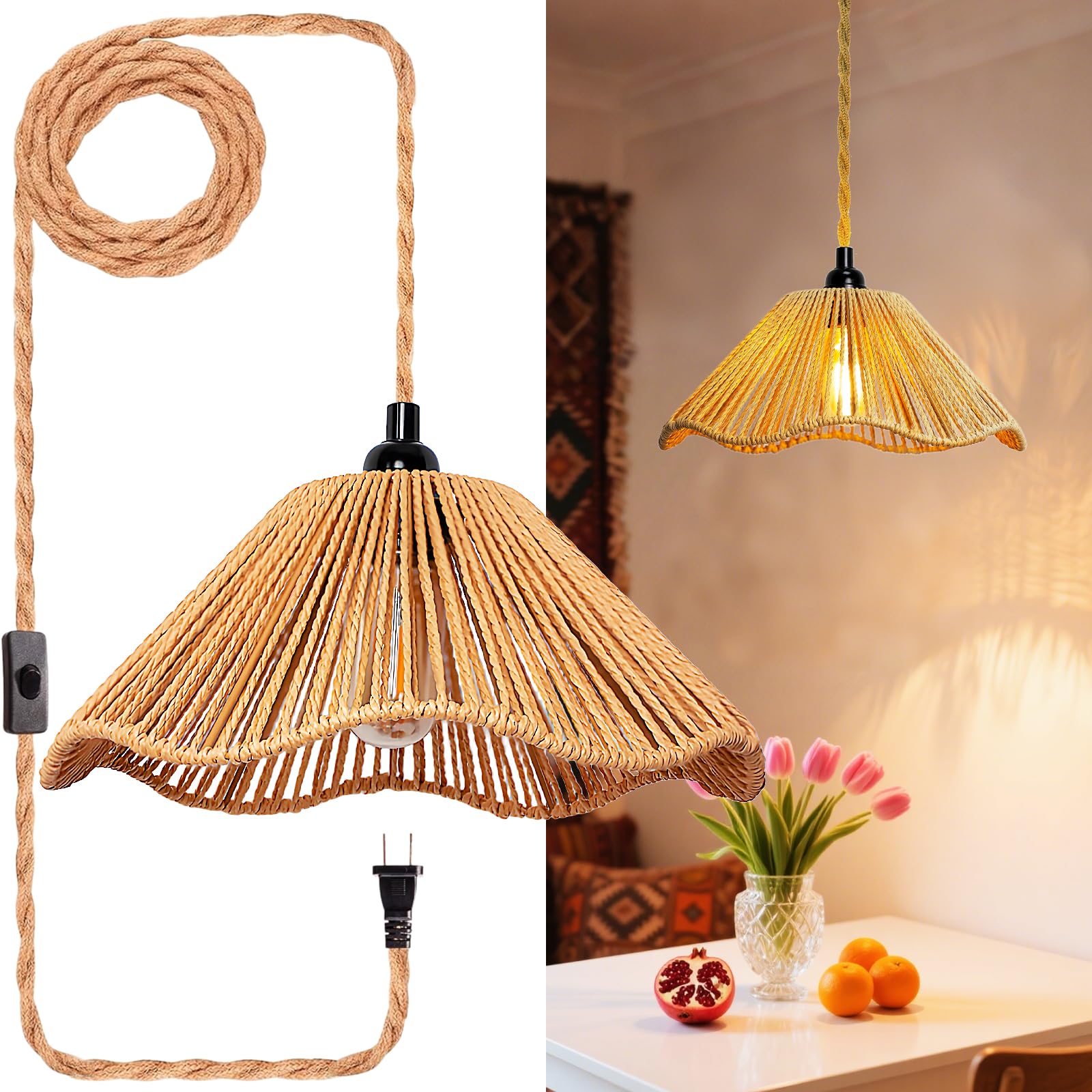 Lustre minimaliste français en rotin, à brancher, lustre de style ...