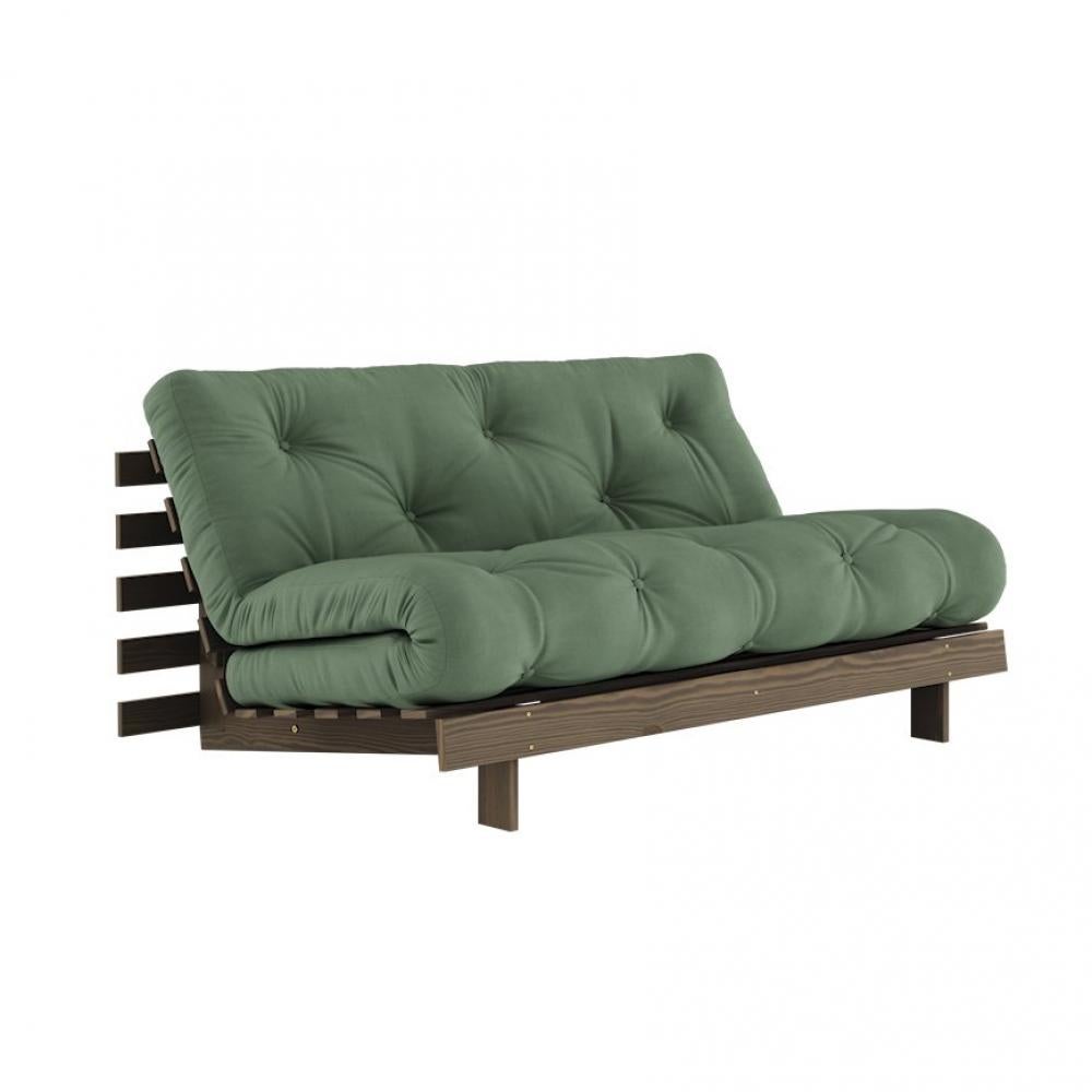 Canapé convertible futon ROOTS pin carob brown matelas olive green ...