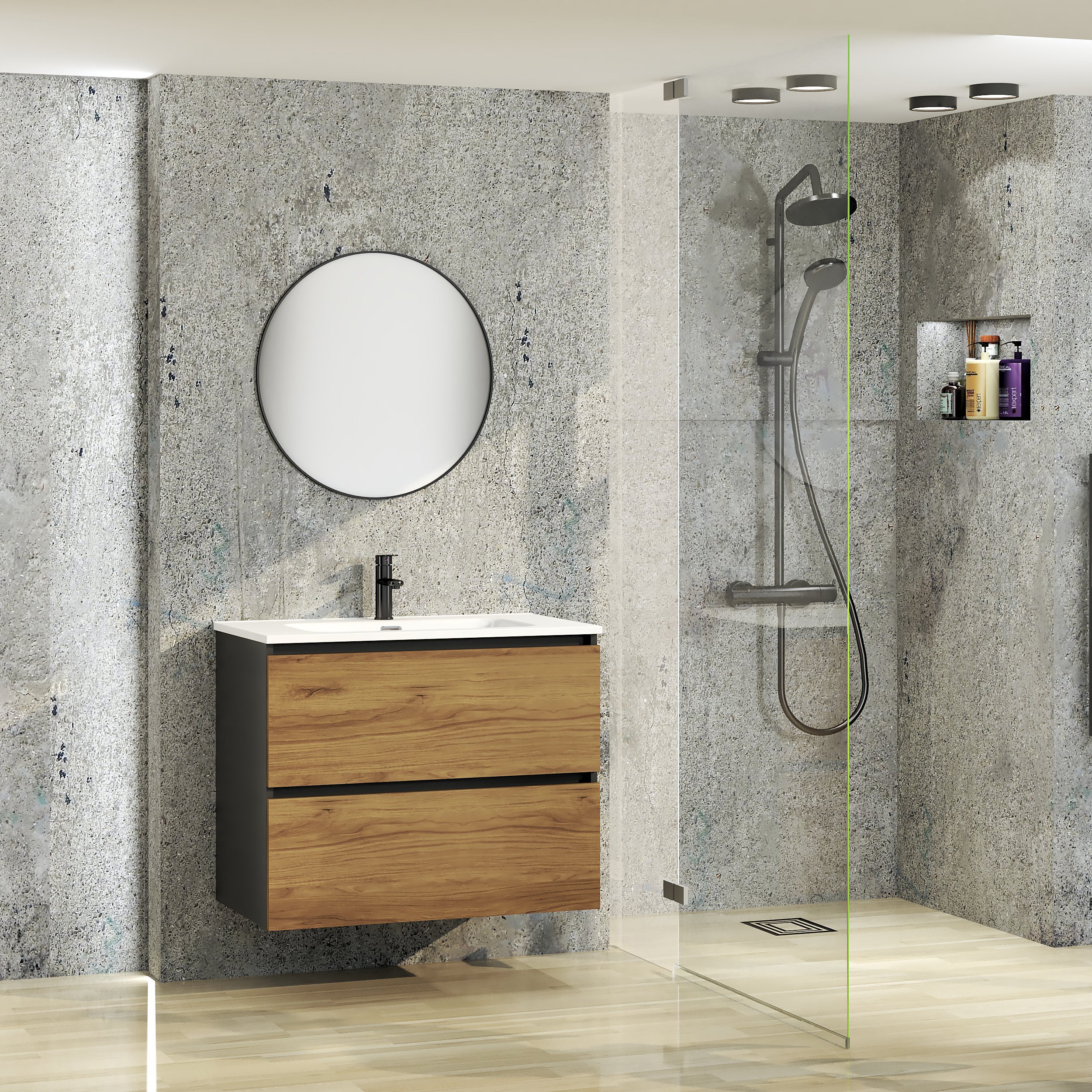 CONJUNTO DE BAÑO JAX | MUEBLE SUSPENDIDO | 80 CM NEGRO - TEKA | DOS CAJONES | LAVABO ENCASTRADO ...