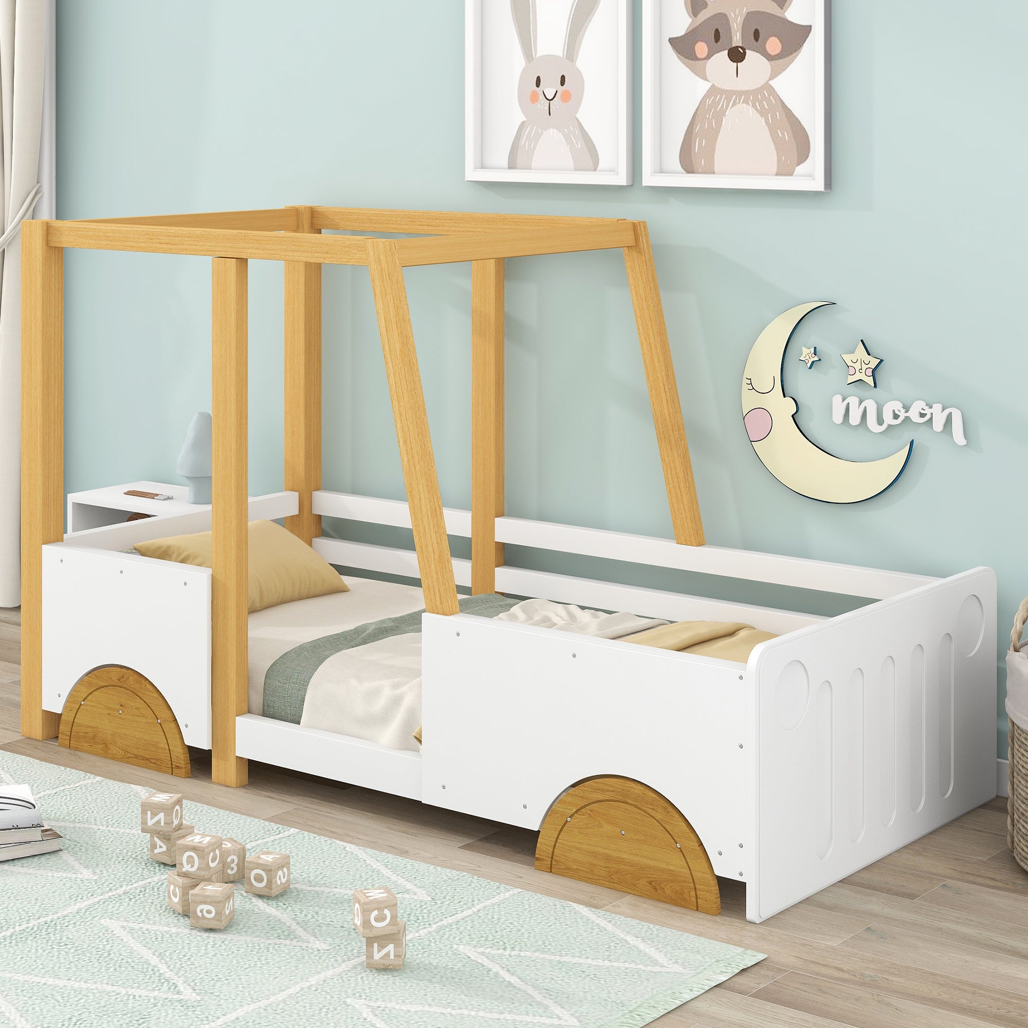 Lit voiture, lit enfant avec roulettes en MDF, cadre en pin, blanc ...