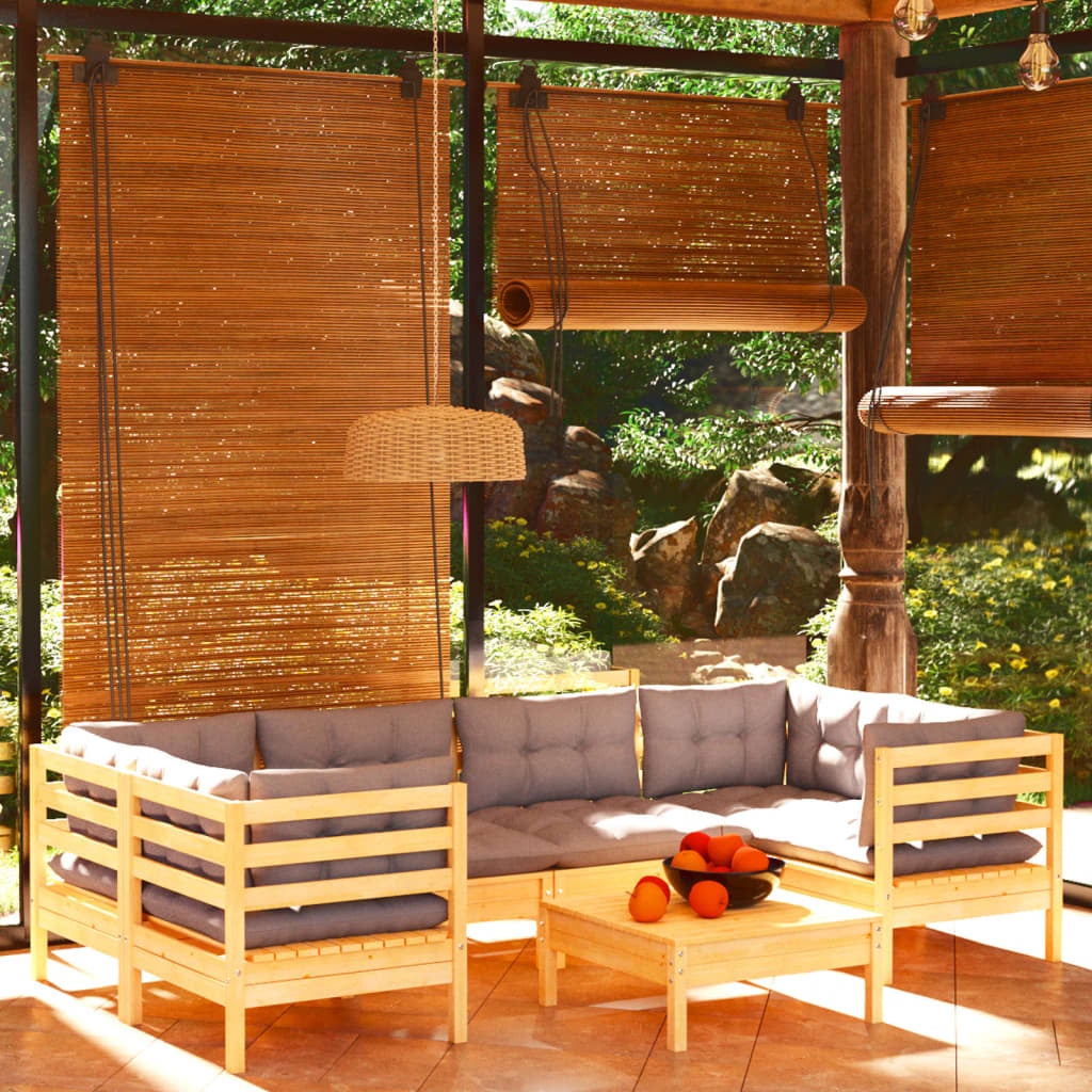 Salon de jardin 7 pcs avec coussins gris Bois de pin 4 | Leroy Merlin