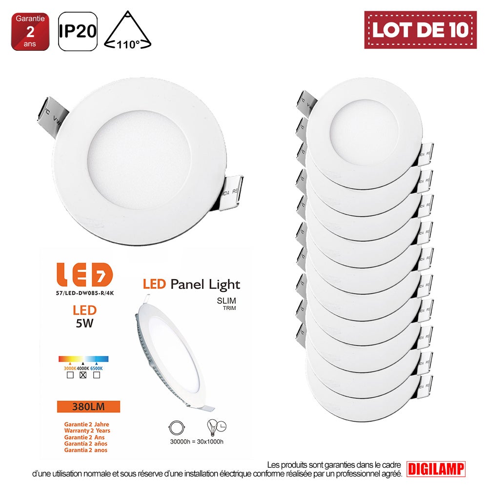 Lot de 10 Spot Encastrable Led Downlight Panel Extra plat 5w Blanc ...