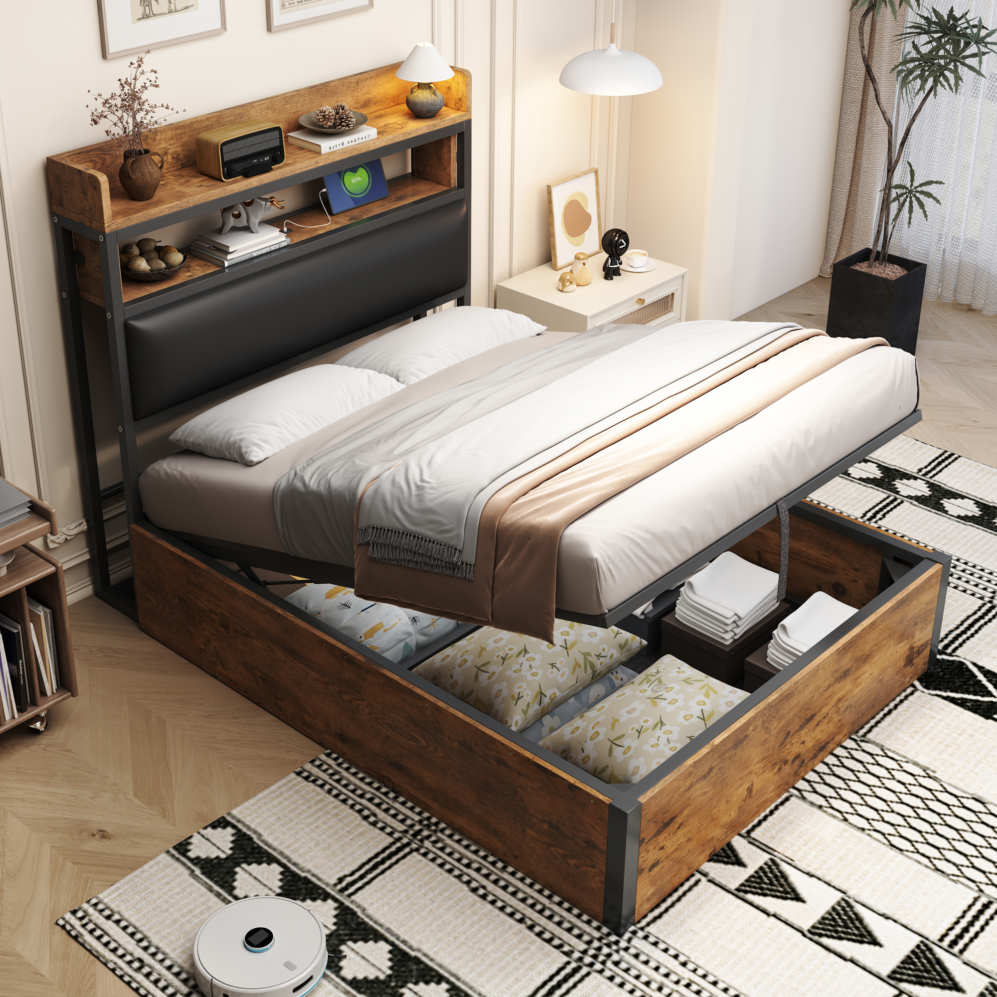 Lit Coffre 90x200 cm , Lit Simple avec Tête de Lit Rembourrée et ...