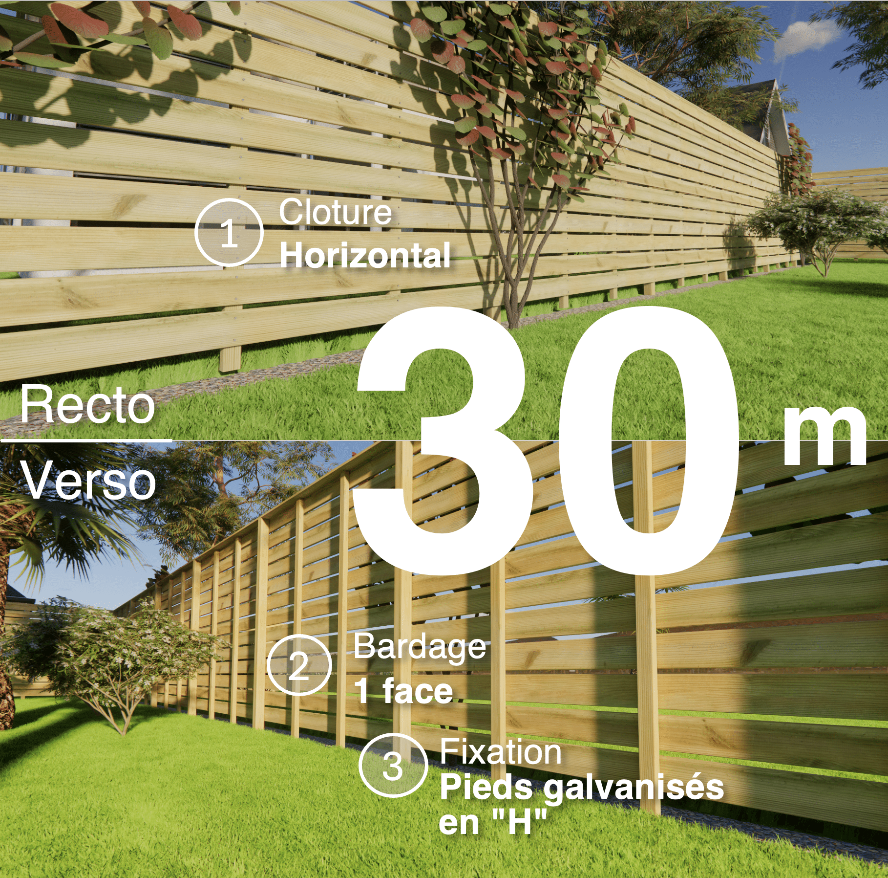 Kit clôture bois moderne 30m – H 2,3m – 21 x 145 mm autoclave vert ...