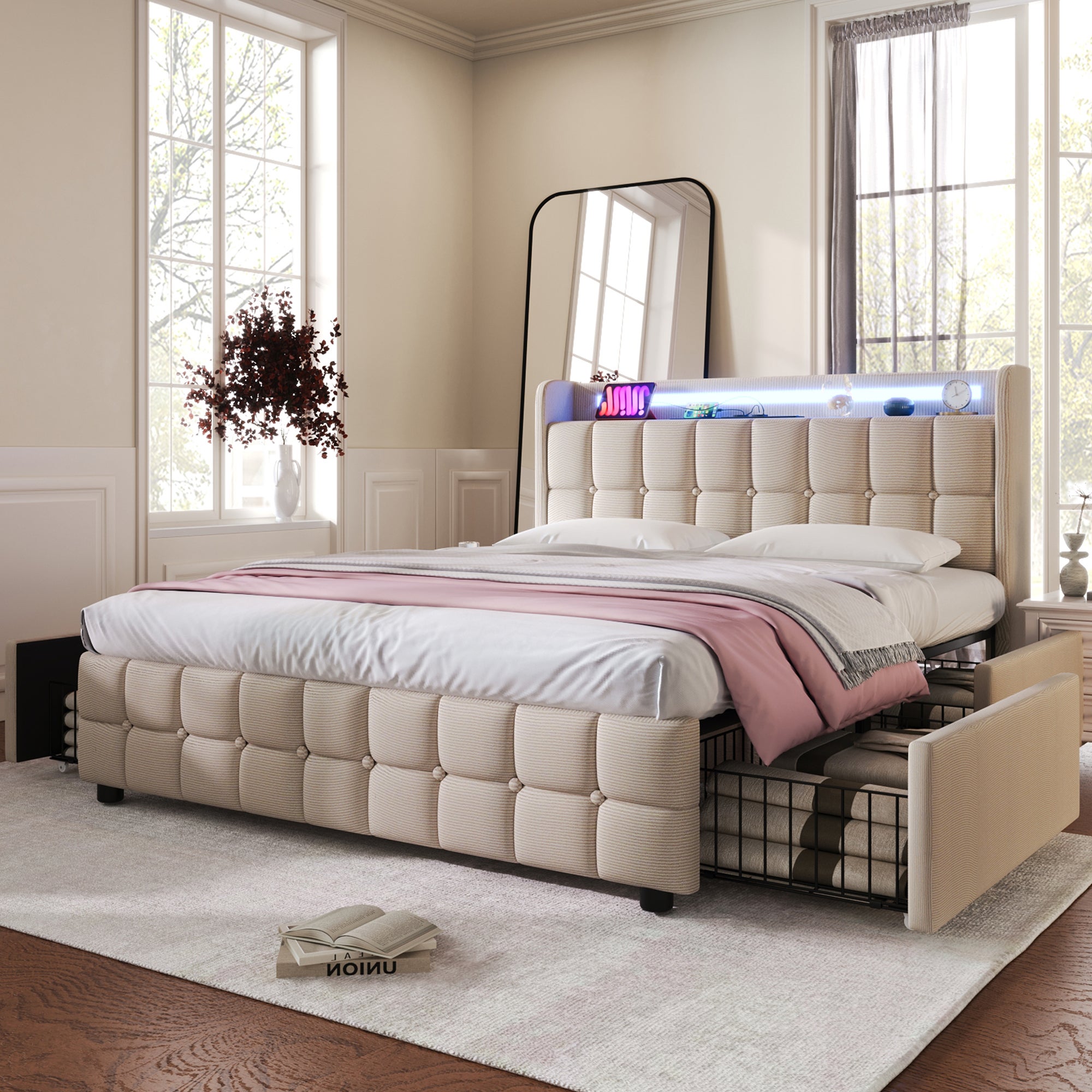Lit rembourré lit adulte 160x200 cm avec éclairage LED, USB et 4 ...