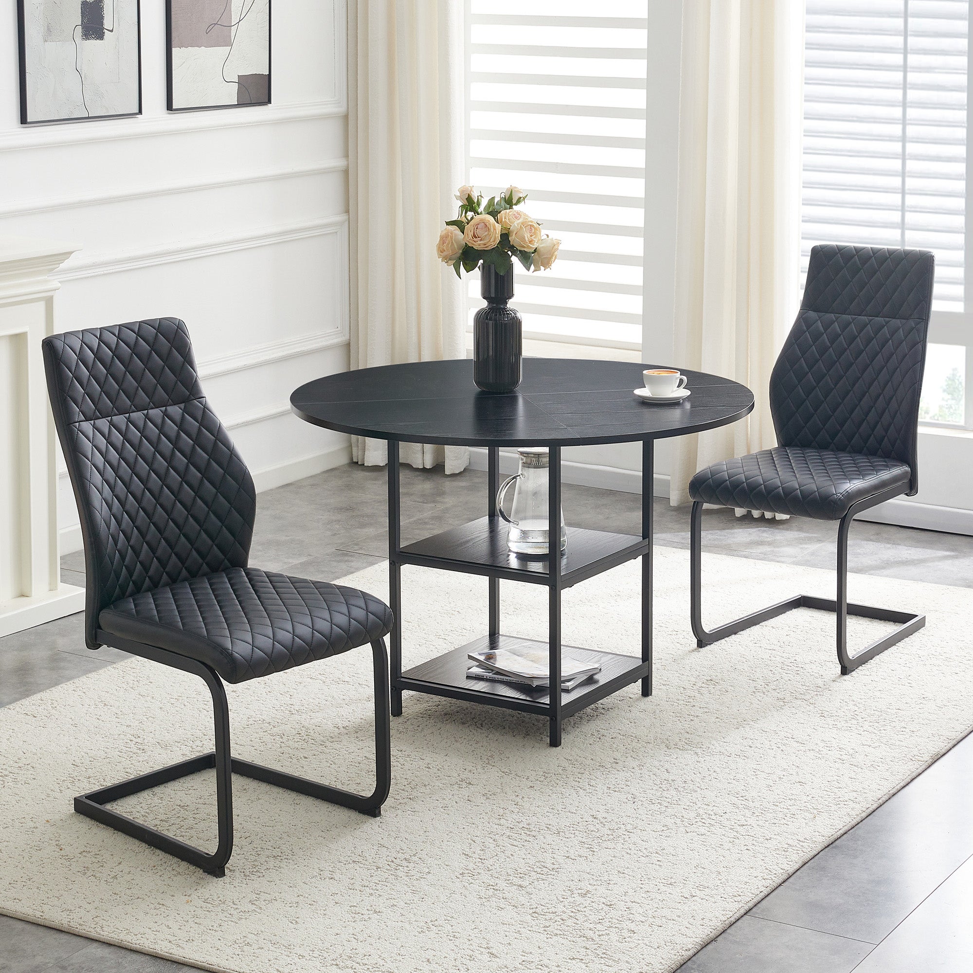 Table ronde 107cm double étagère + 2 chaises motif diamant noir, MDF ...