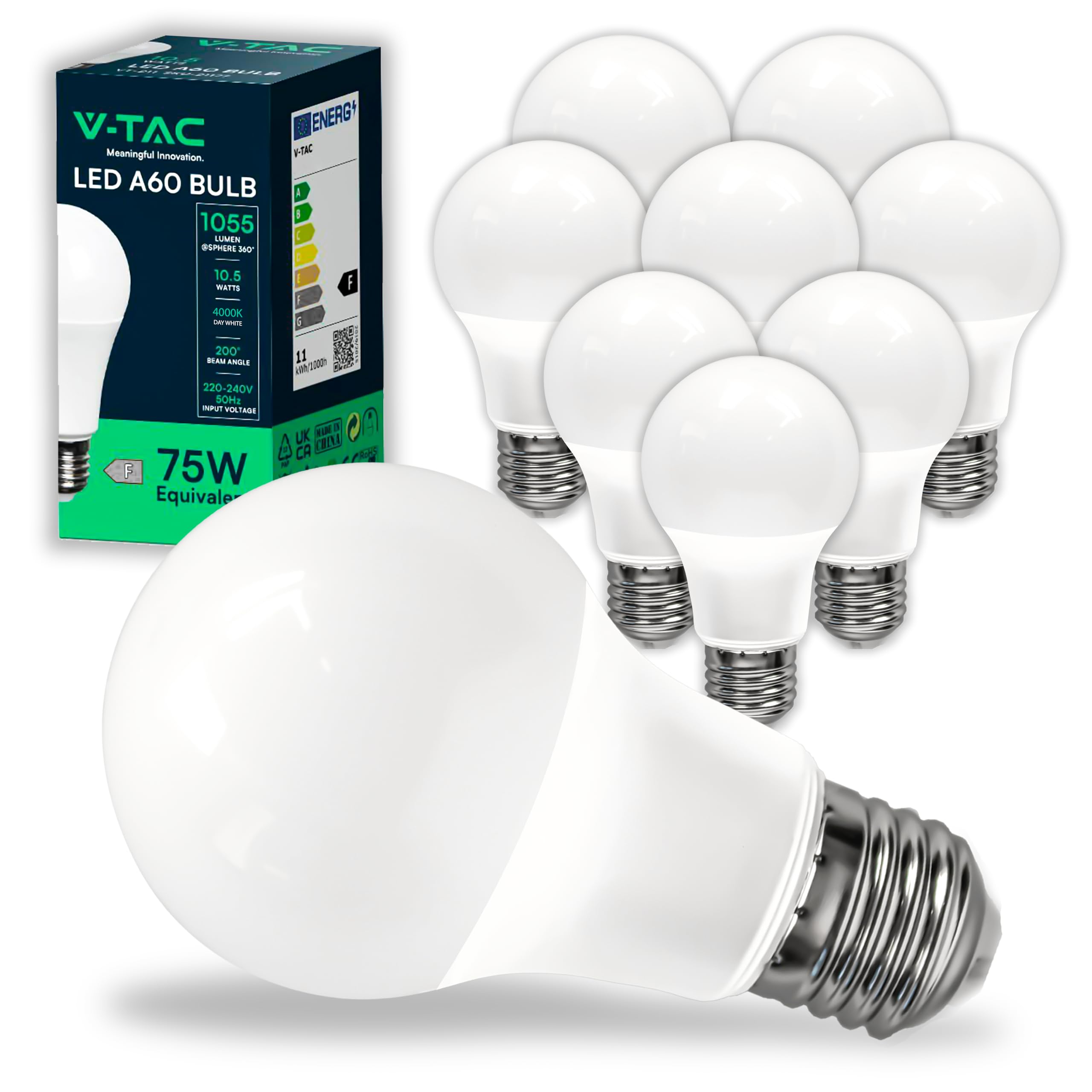 V-TAC 10x Lampadine LED A60 con Attacco E27 potenza 10.5W (Equivalenti a 75W) - Lampadine Nuova ...