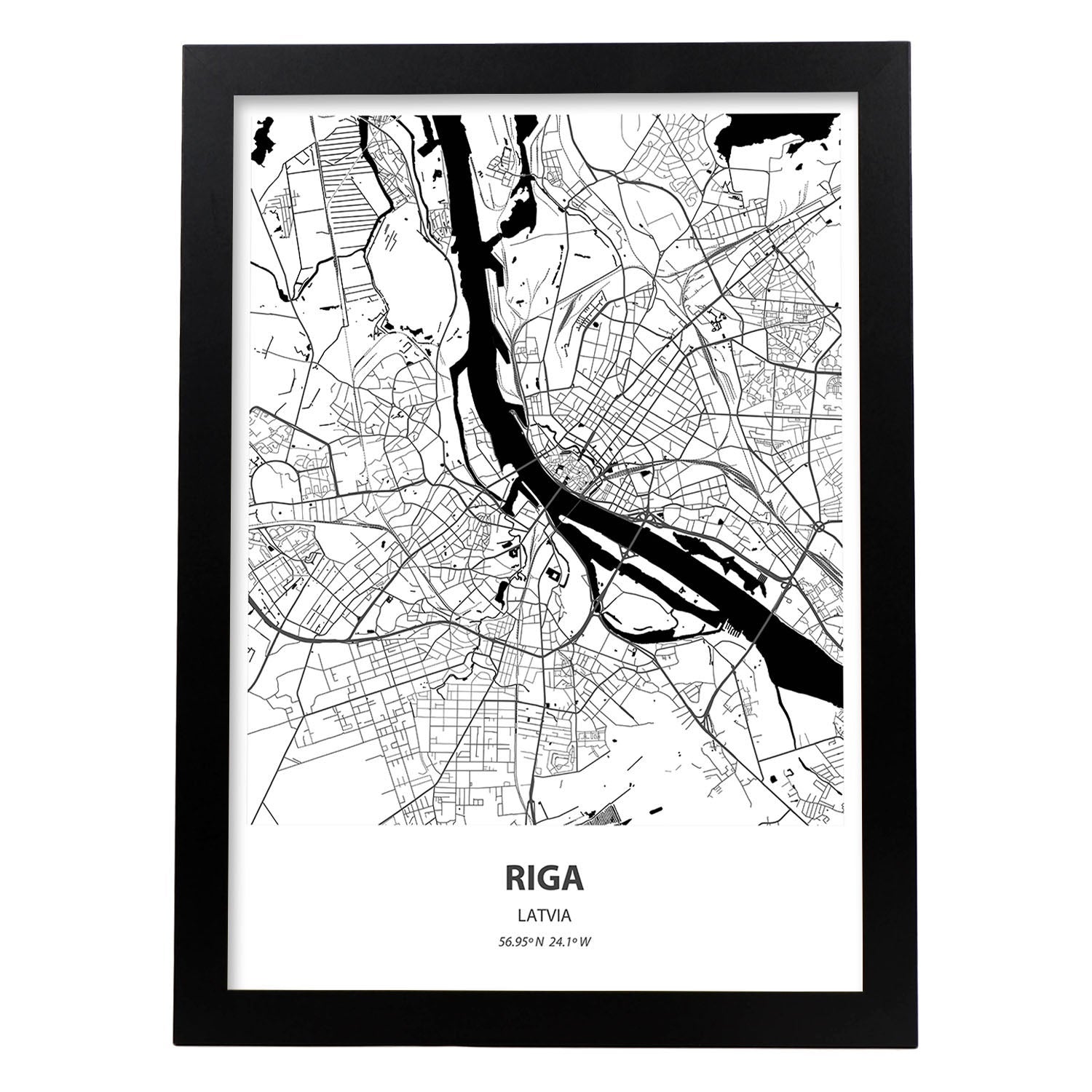 Poster Con Mapa De Riga Latvia. Láminas De Ciudades De Europa Con Mares Y Rios En Color Negro ...