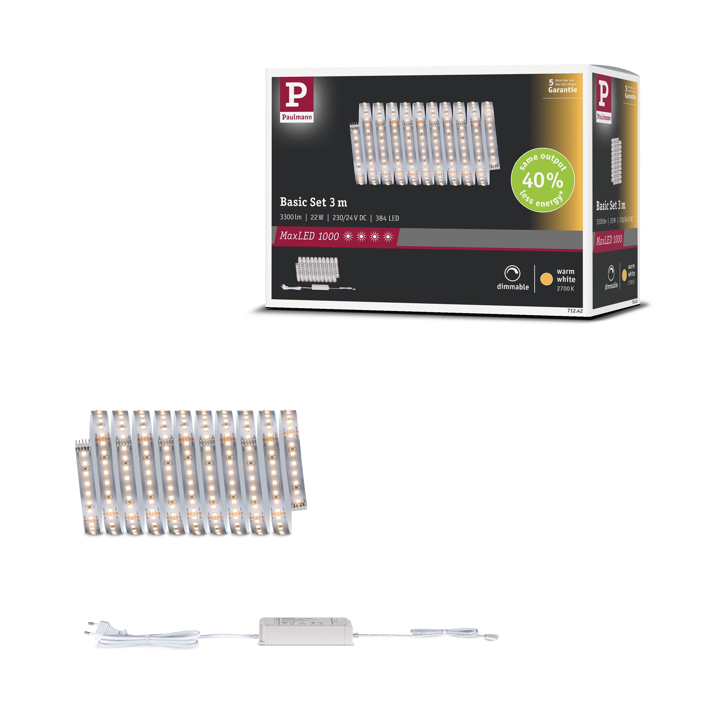 MaxLED 1000 Strip LED Kit de base 3m Blanc chaud 22W 1100lm/m 2700K ...