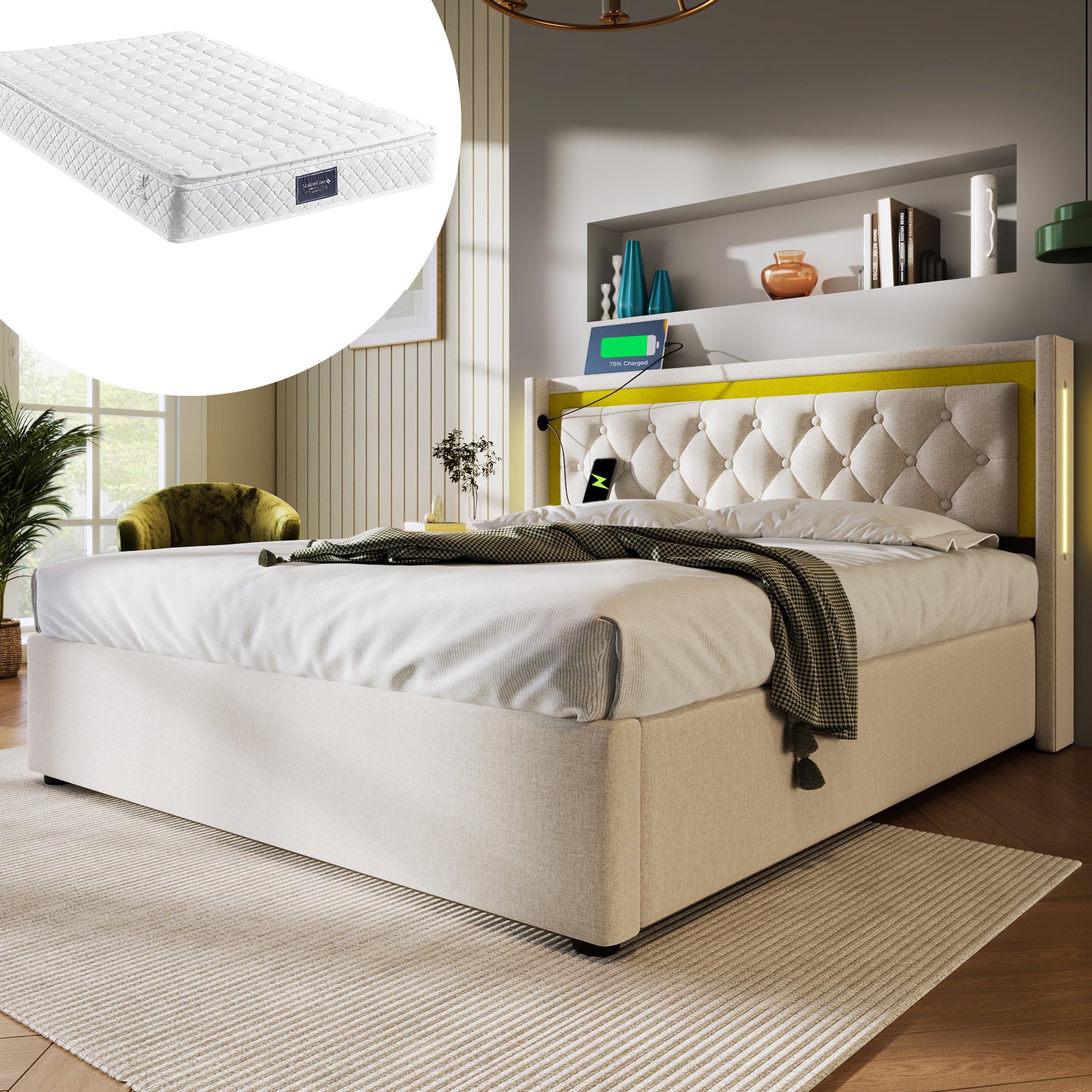 Lit tapissier LED 160x200 - Lit avec coffre de rangement, fonction USB ...