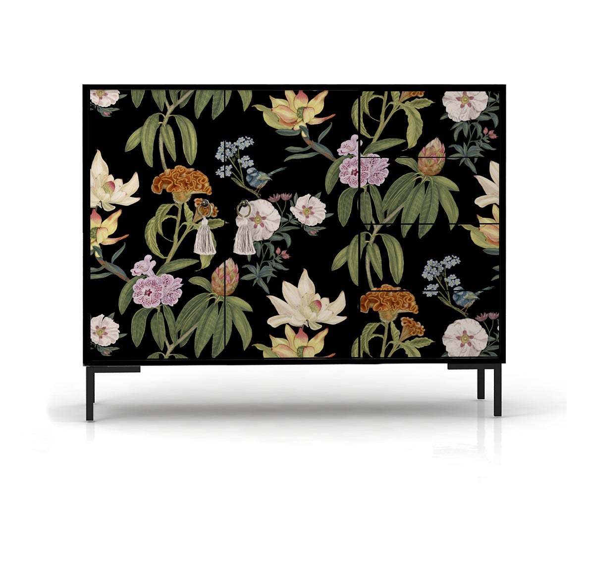 Buffet bas WILMA 2 portes 4 tiroirs MDF imprimé floral sur fond noir ...