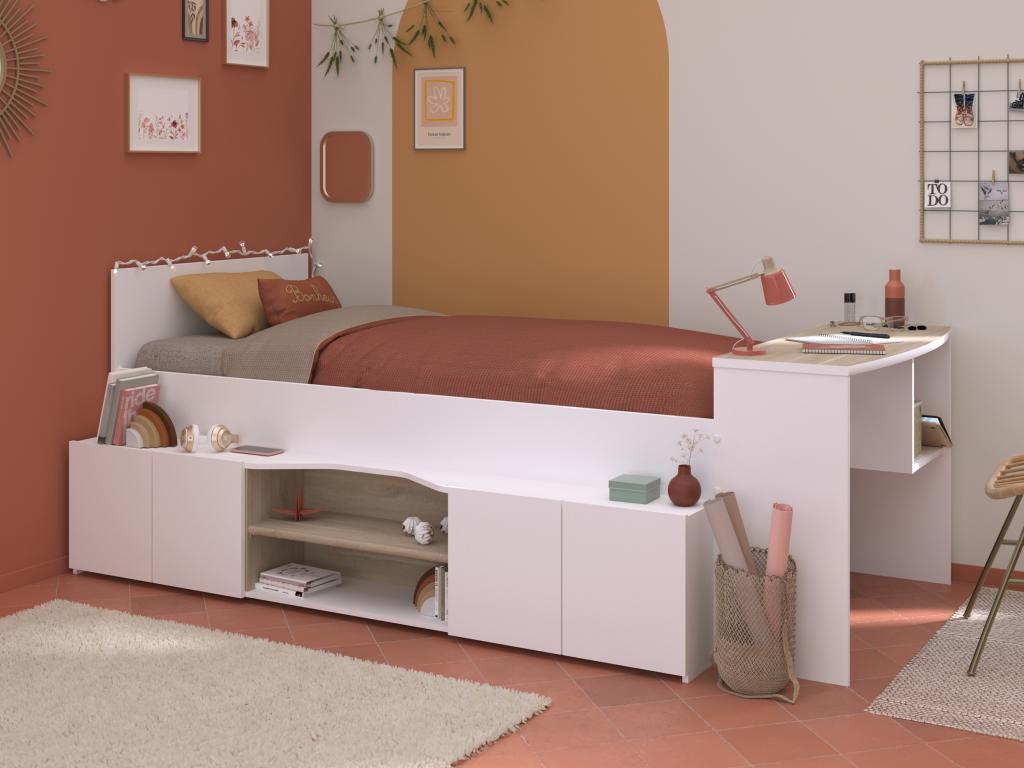 Lit combiné 90 x 190/200 cm avec bureau et rangements - Blanc et ...