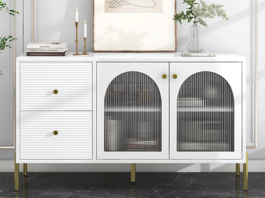 Buffet 120cm avec 2 portes en verre et 2 tiroirs - plateau effet marbre ...