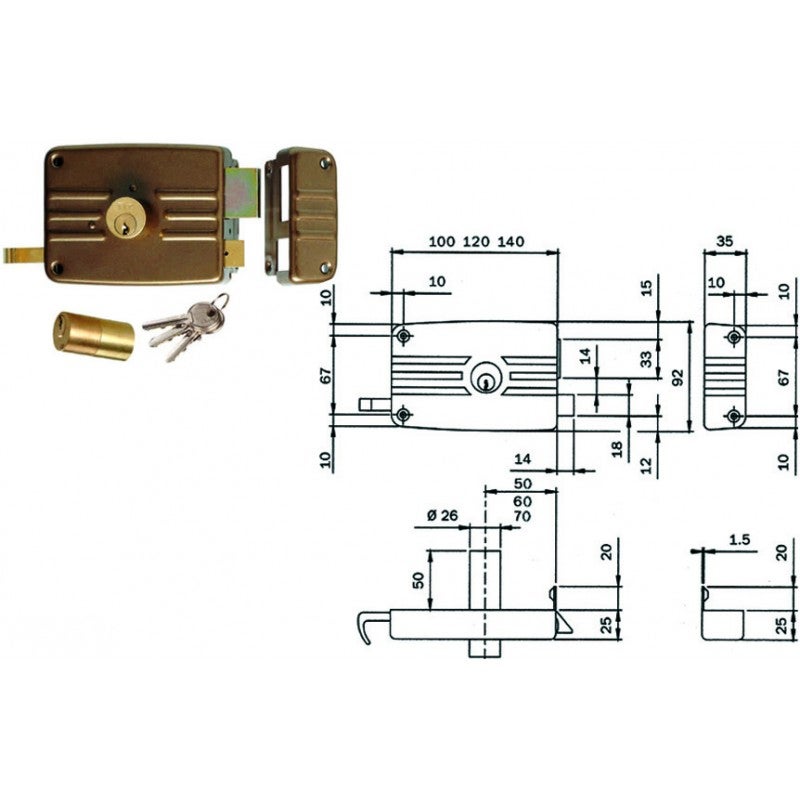 CERRADURA MADERA APLICAR 430 ISEO FIJA REDONDA C. M2 + TIRANTE E.MM 50 ...