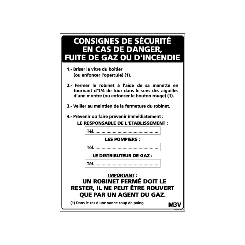 Panneau CONSIGNE EN CAS DE FUITE DE GAZ (A0321) 300 x 420 mm Matière ...
