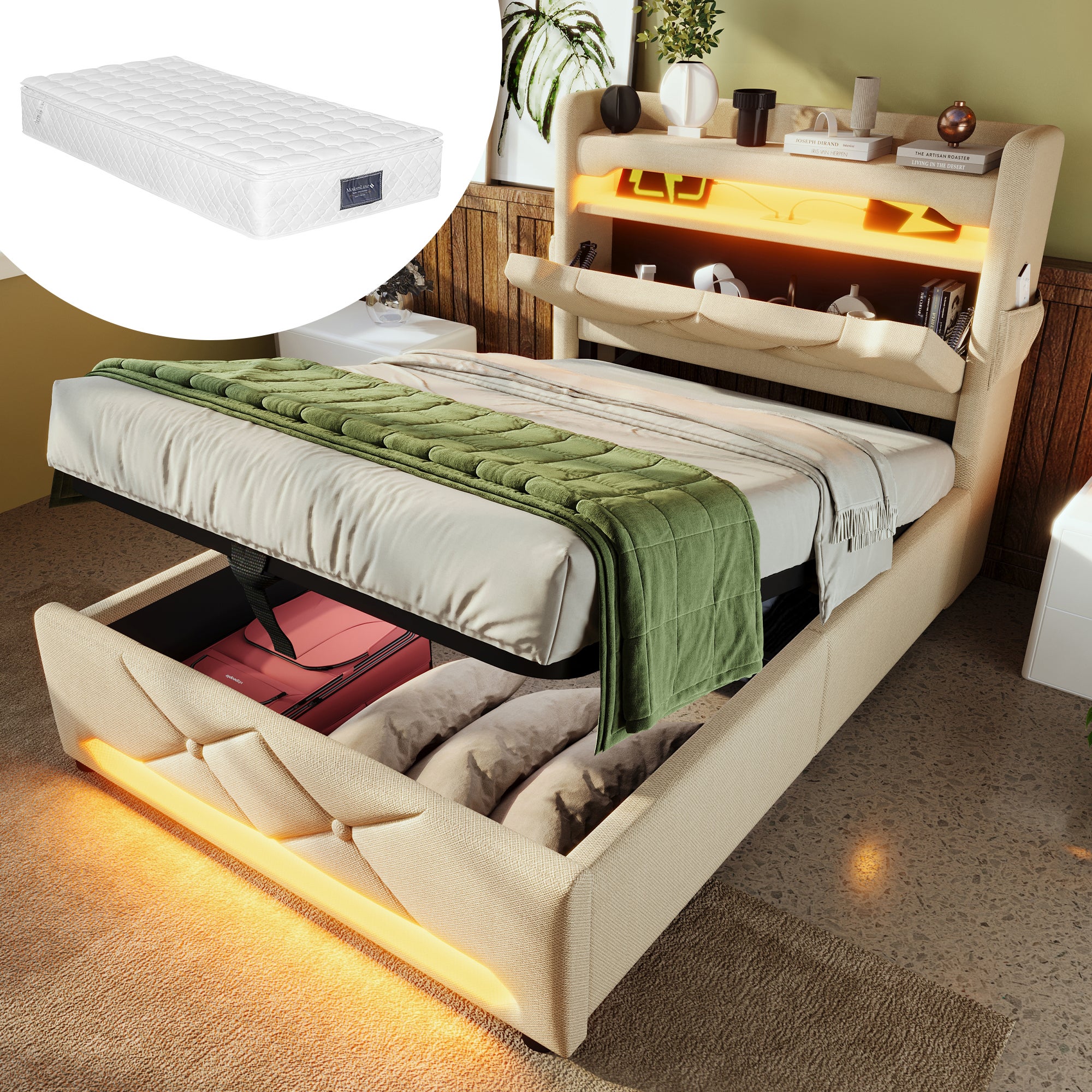 Lit simple capitonné 90*200, tête de lit rangement USB/Type-C, LED 360 ...