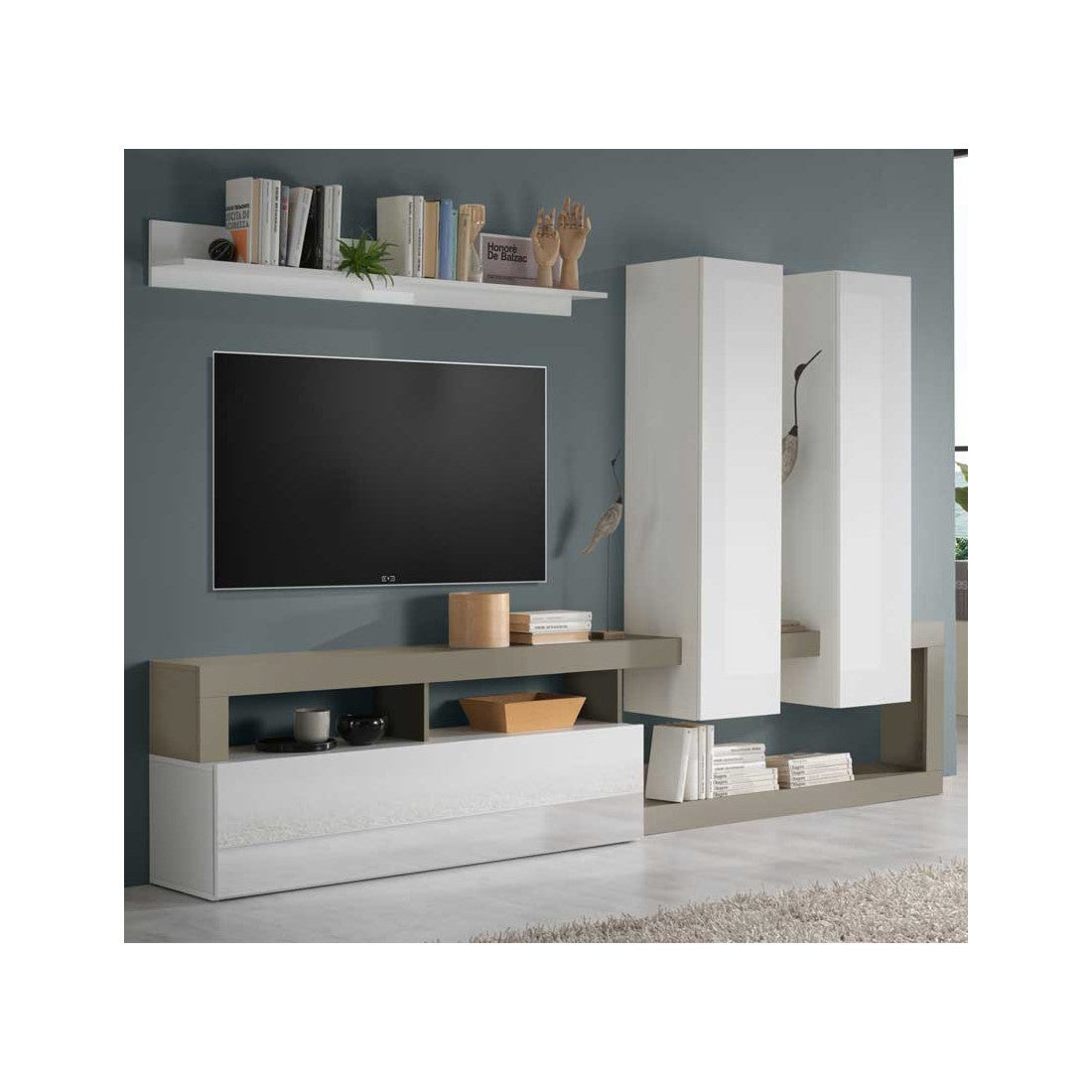 Composition TV 2 colonnes Blanc laqué/Taupe mat - ISCHIA | Leroy Merlin