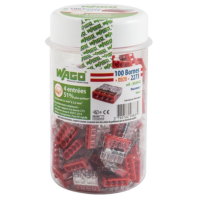 Pot de 100 mini bornes WAGO, 4 fils, 24 A, 450 V, boîtier transparent ...