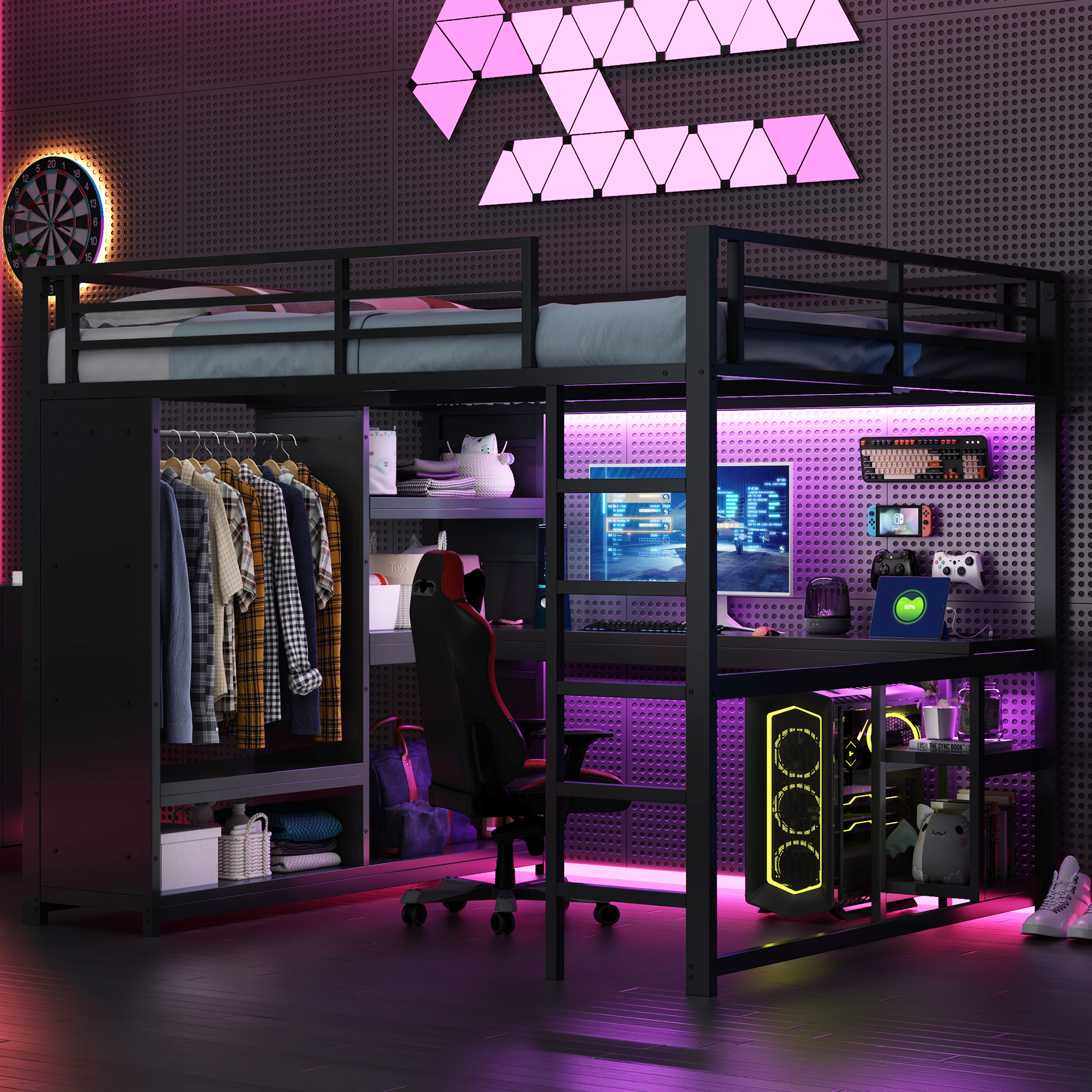 Lit mezzanine 160 x 200 cm avec bureau, penderie ouverte et ...