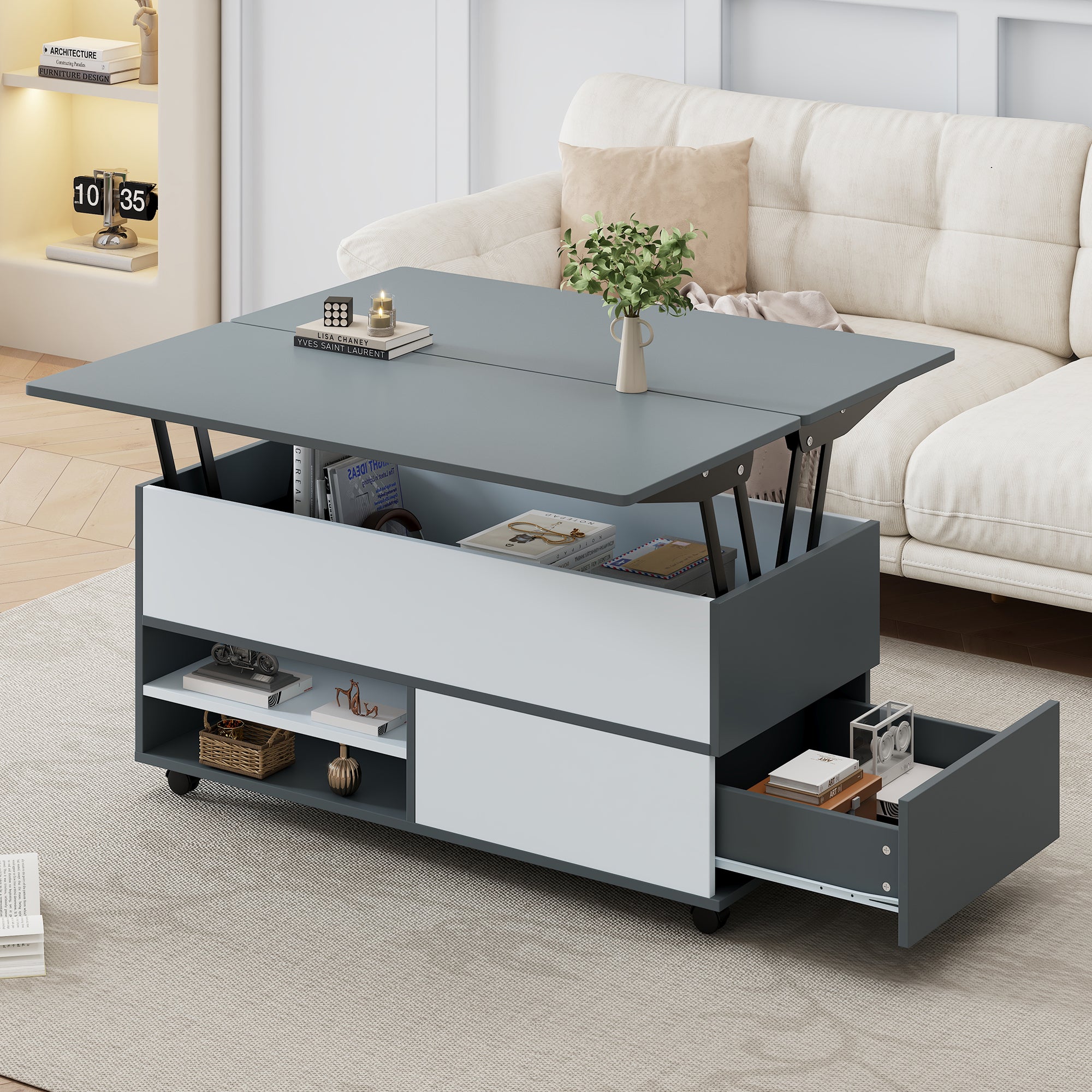 Table basse relevable 100x98x65 cm, 1 tiroir, 2 niches et 1 porte, Gris ...