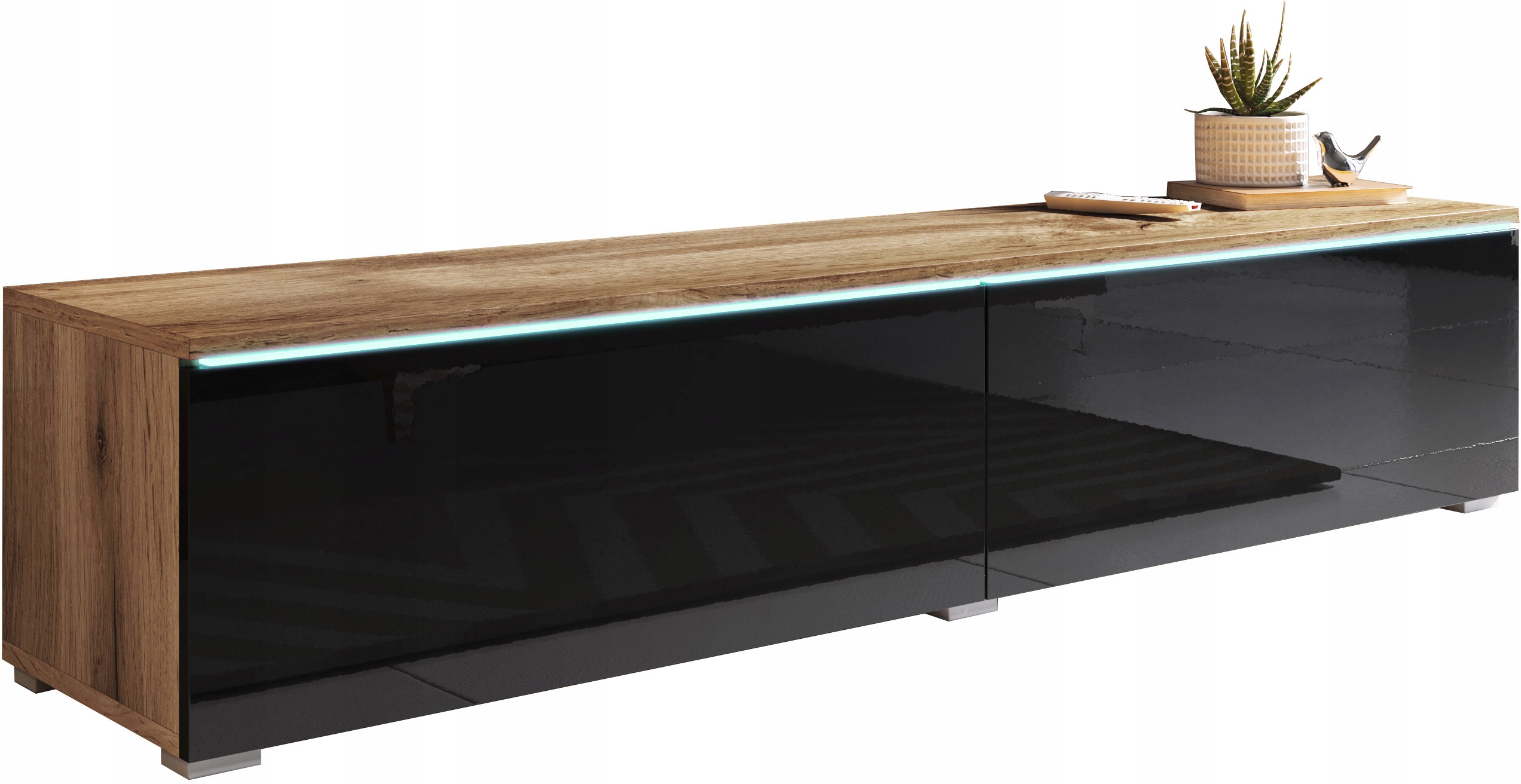 Meuble TV Lowboard D140 Chêne Wotan/Noir brillant, Nombre de portes : 2 ...