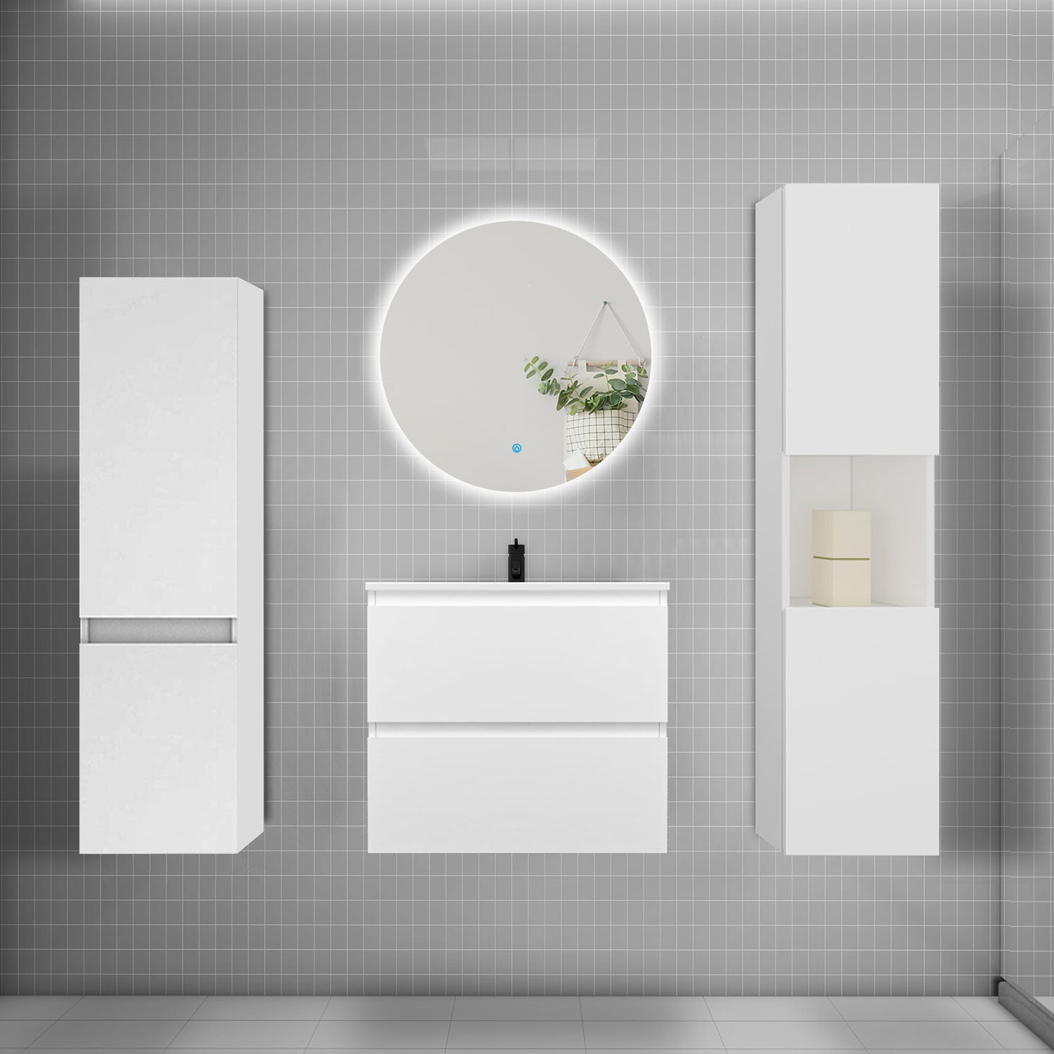 Ensemble meuble vasque L.60cm 2 tiroirs + lavabo + colonne + miroir ...