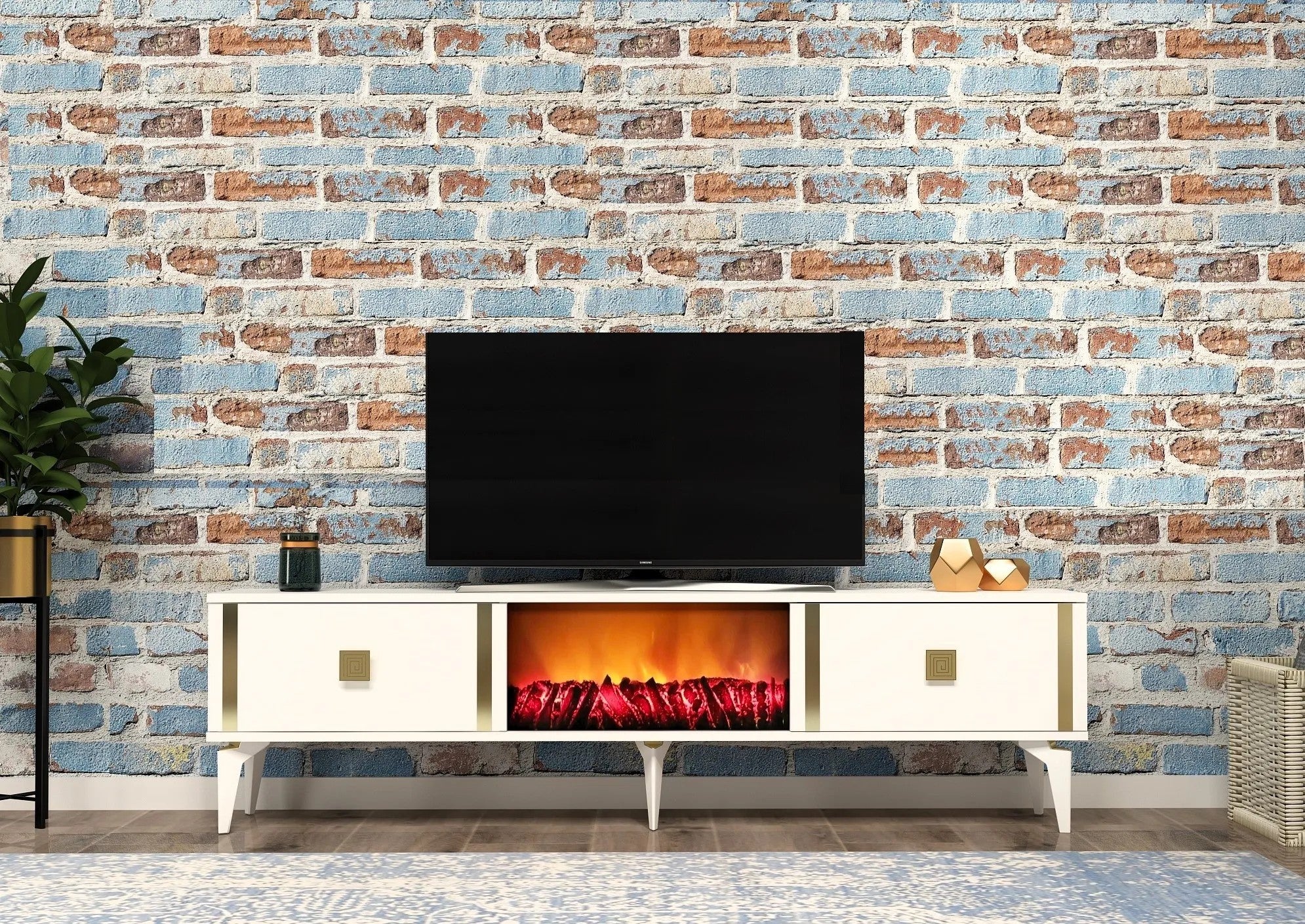 Meuble TV avec cheminée électrique - Doruk Fireplace - Blanc-Or | Leroy ...