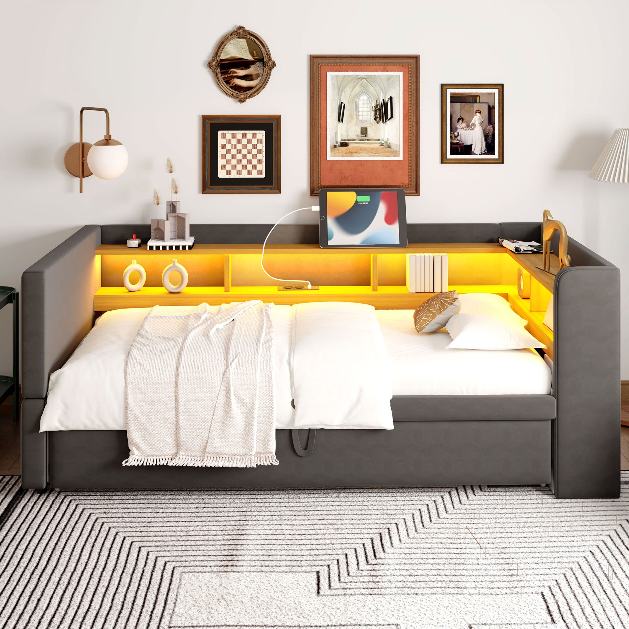 Sofá cama convertible 90/180*190 cm - Cama multifunción con LED ...