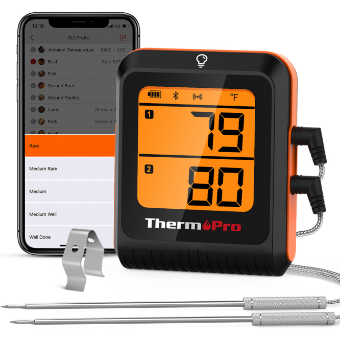 Thermomètre à viande sans fil Bluetooth ThermoPro TP920W 200 mètres avec double sonde pour four ...