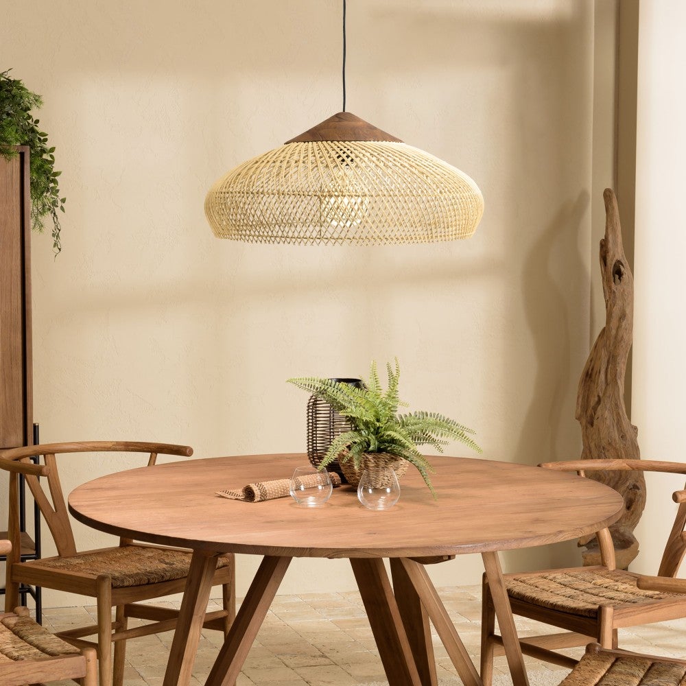 SIXTINE - Suspension 65x65cm en rotin couleur naturelle et teck recyclé ...