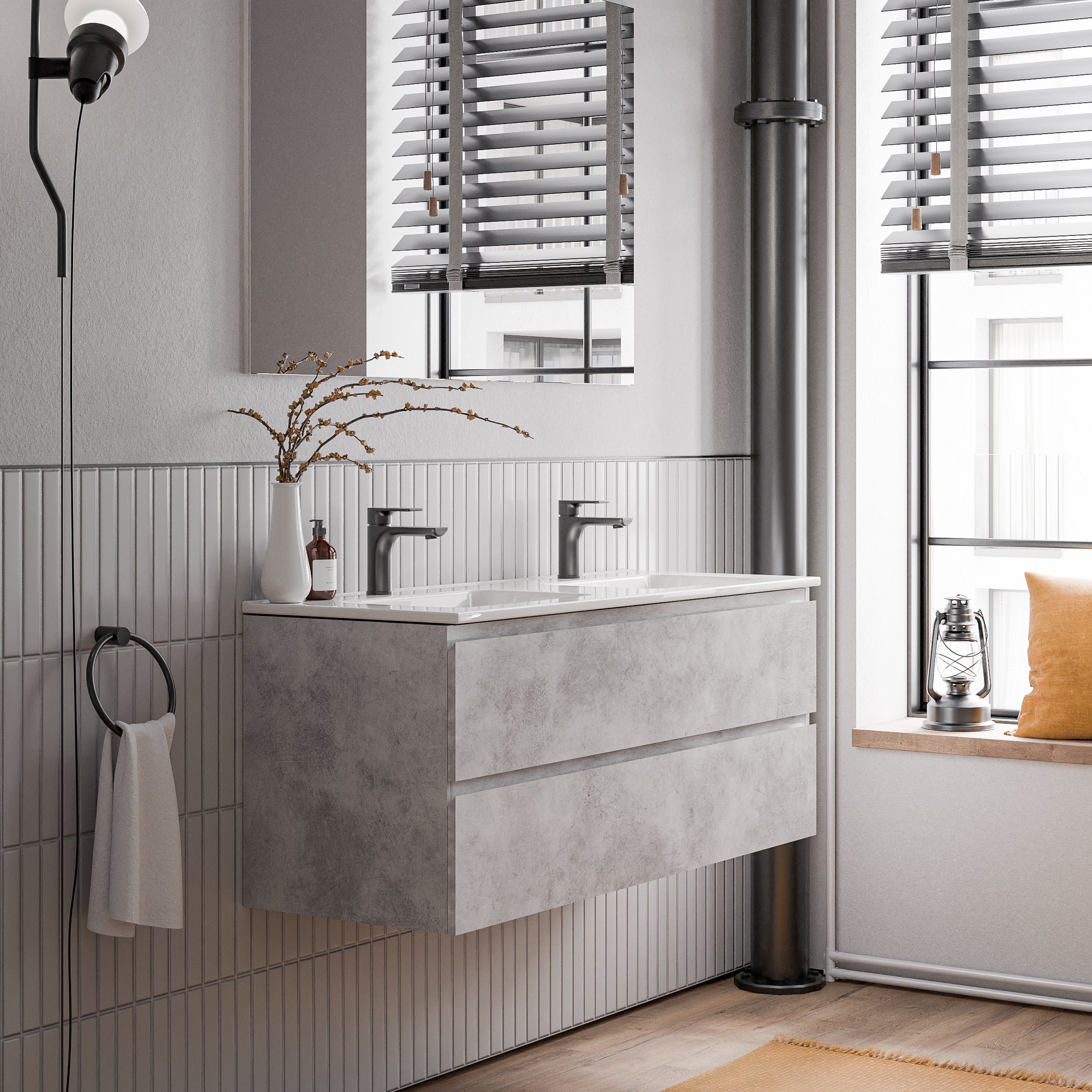 BERNSTEIN - Mueble lavabo doble suspendido MDF gris hormigón, lavabos ...