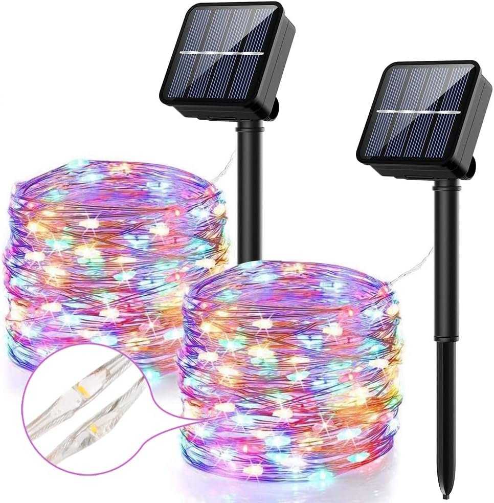 2 x 20 m 200 LED Cadena de luces solares para exteriores Impermeable 8 modos Luz colorida ...