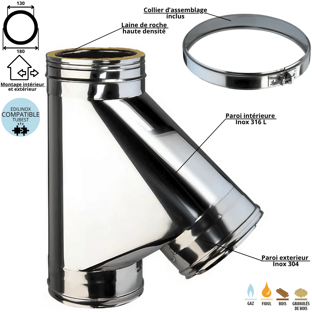 Té 135 degrés conduit double paroi isolé Edilinox - Diamètre 130 mm ...