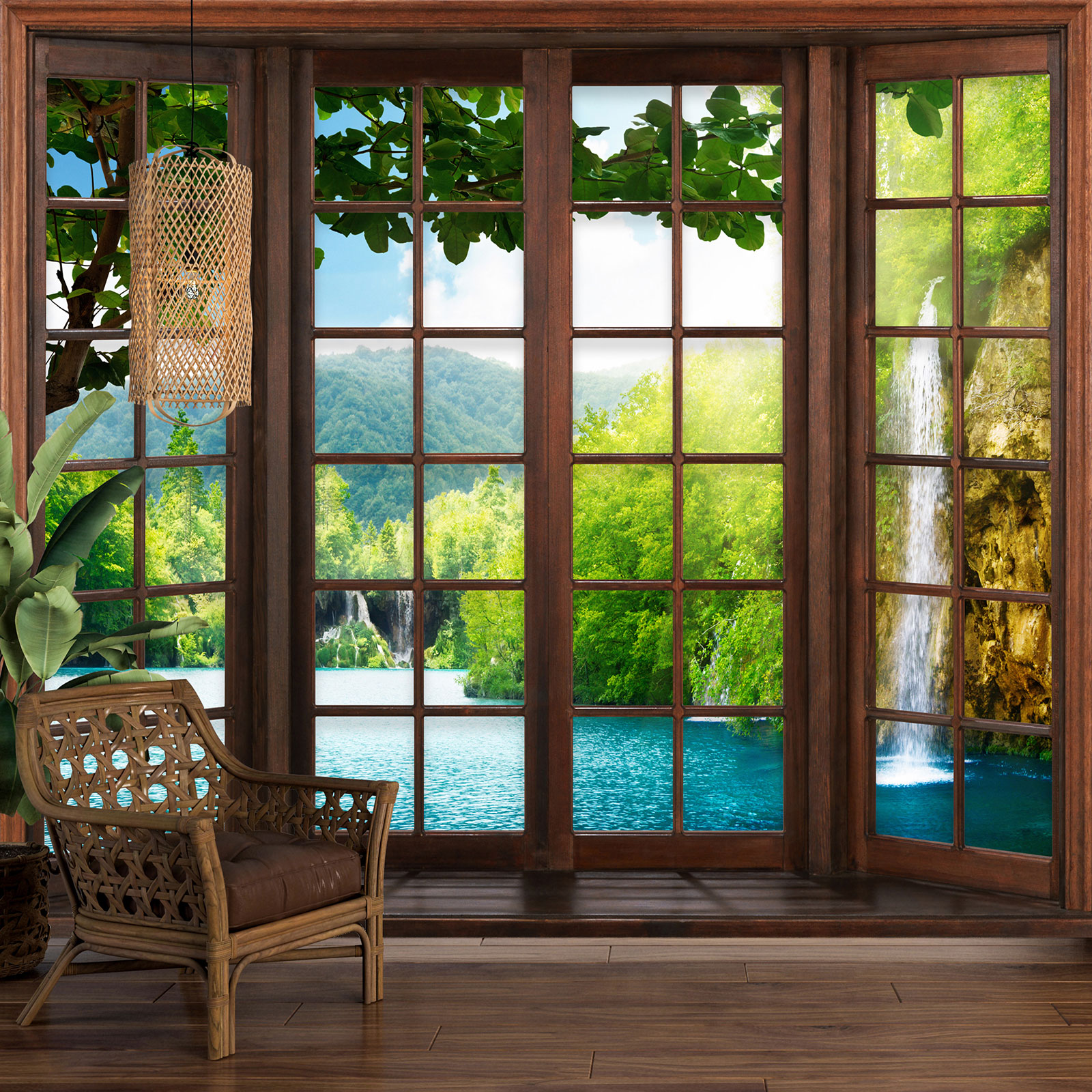 Papier peint panoramique Trompe l'oeil Fenêtre en bois - Cascades ...