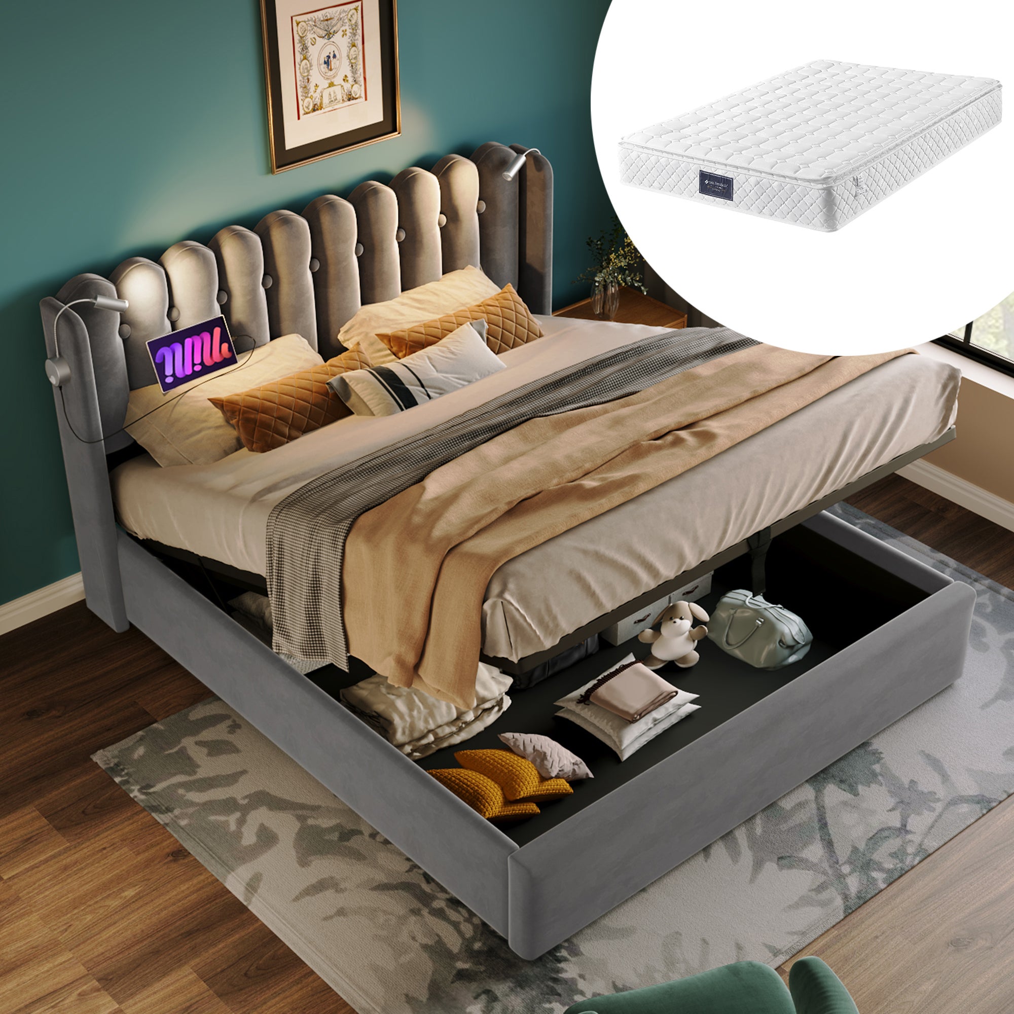 Lit 140x200 avec Lampe LED et USB, Storage - Velours Gris - Sommier et ...