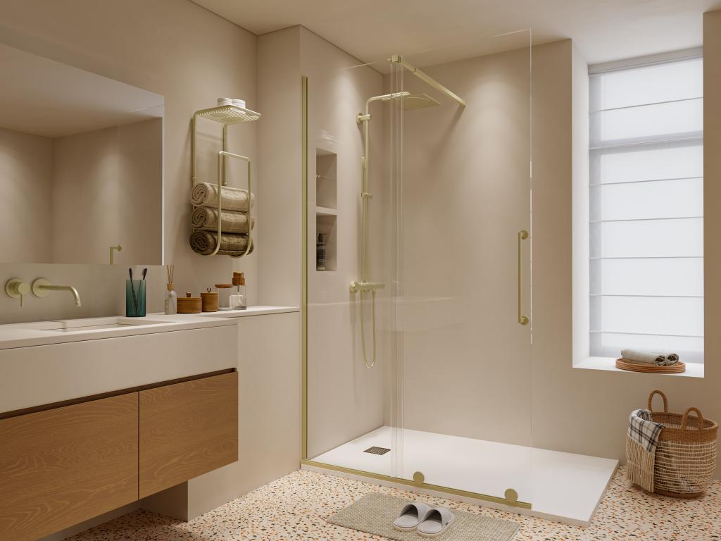 Paroi de douche à l'italienne avec porte coulissante en métal style industriel - Doré - 120 x ...