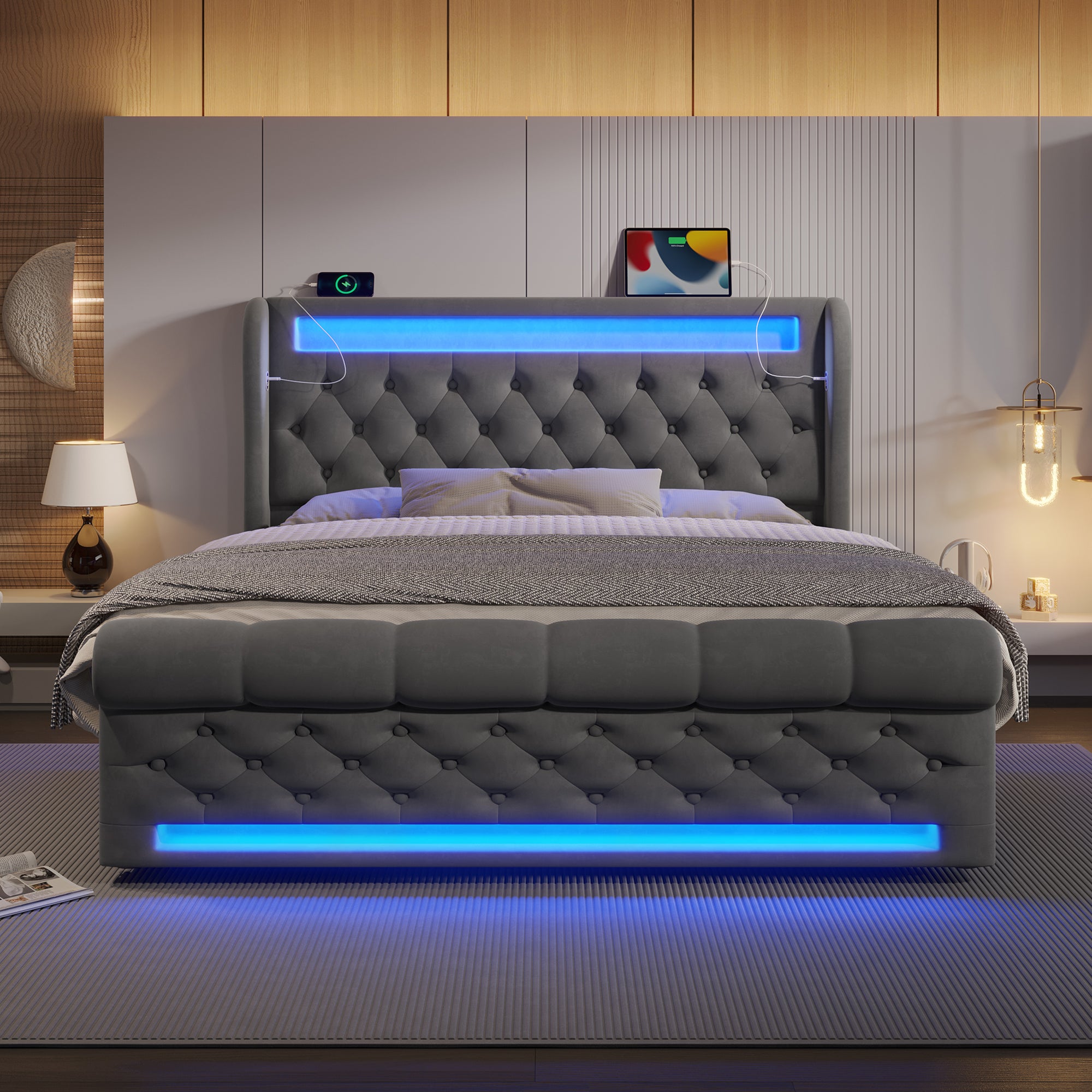 Letto moderno 140x200 cm - LED, testiera, contenitore con USB e Type-C ...
