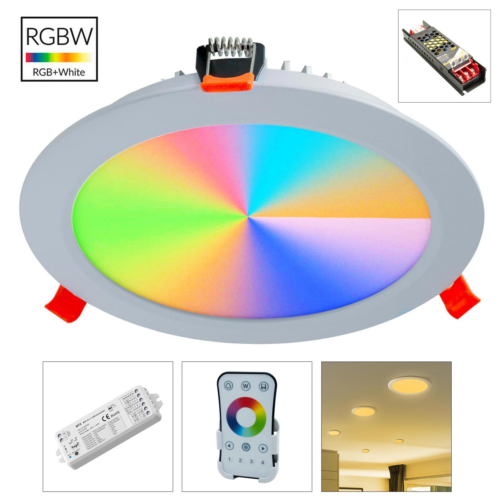 KIT foco empotrable panel LED 36W 24V RGB RGBW luz color + blanca DMX ...